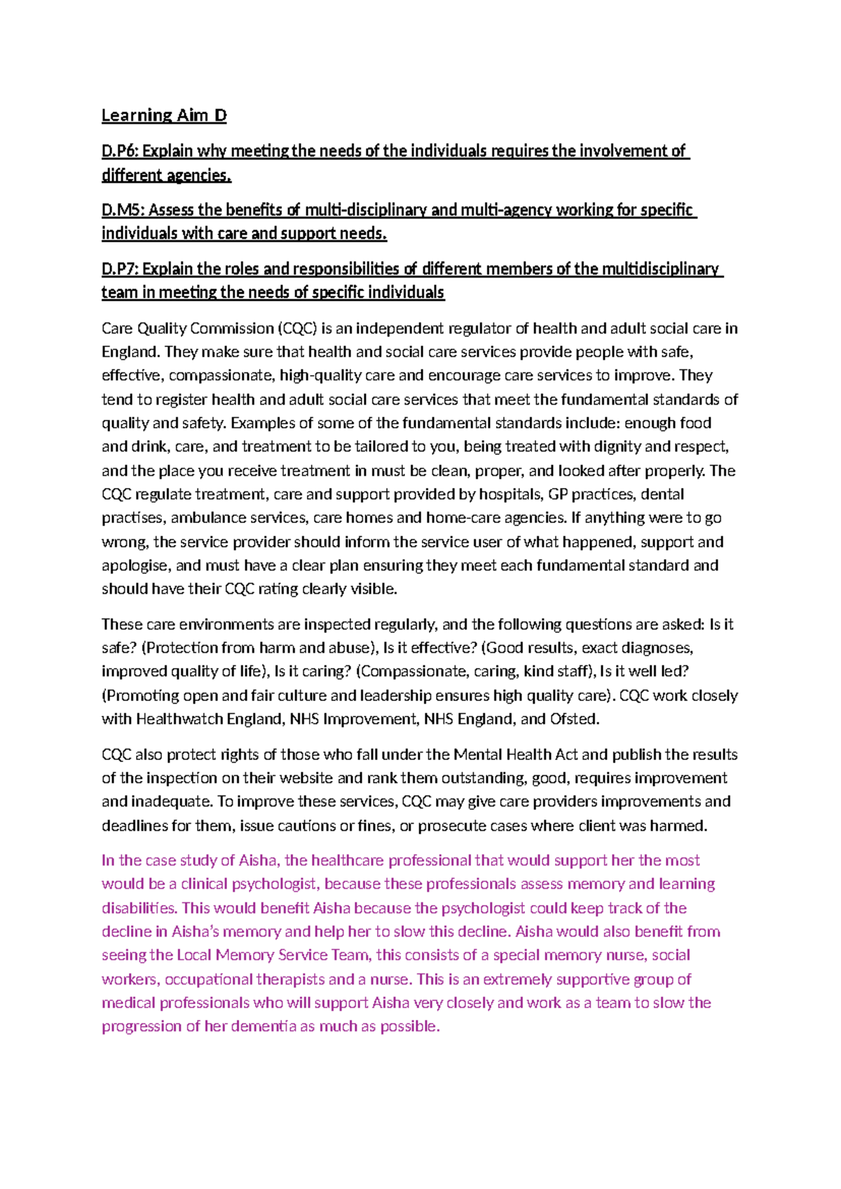 Unit 5 Learning Aim D - Distinction level coursework example - Learning ...