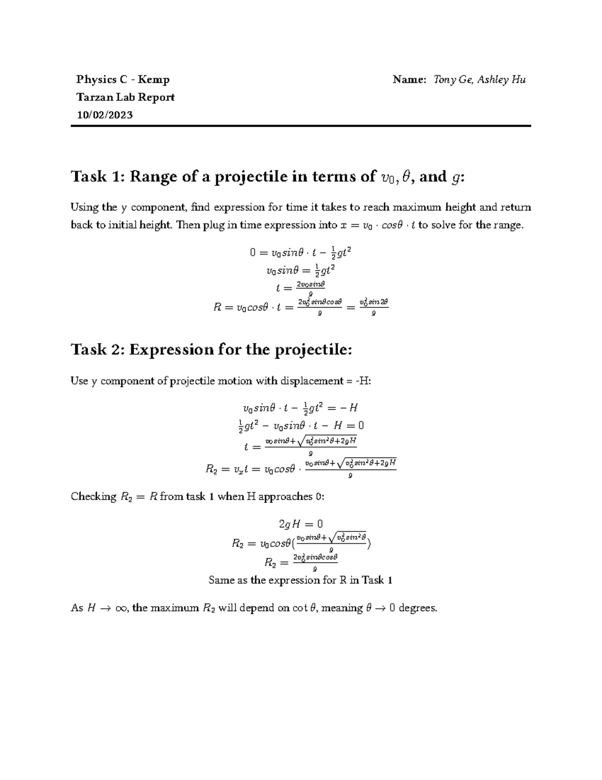 Tarzan Lab Report - Physics C - Kemp Name: Tony Ge, Ashley Hu Tarzan ...
