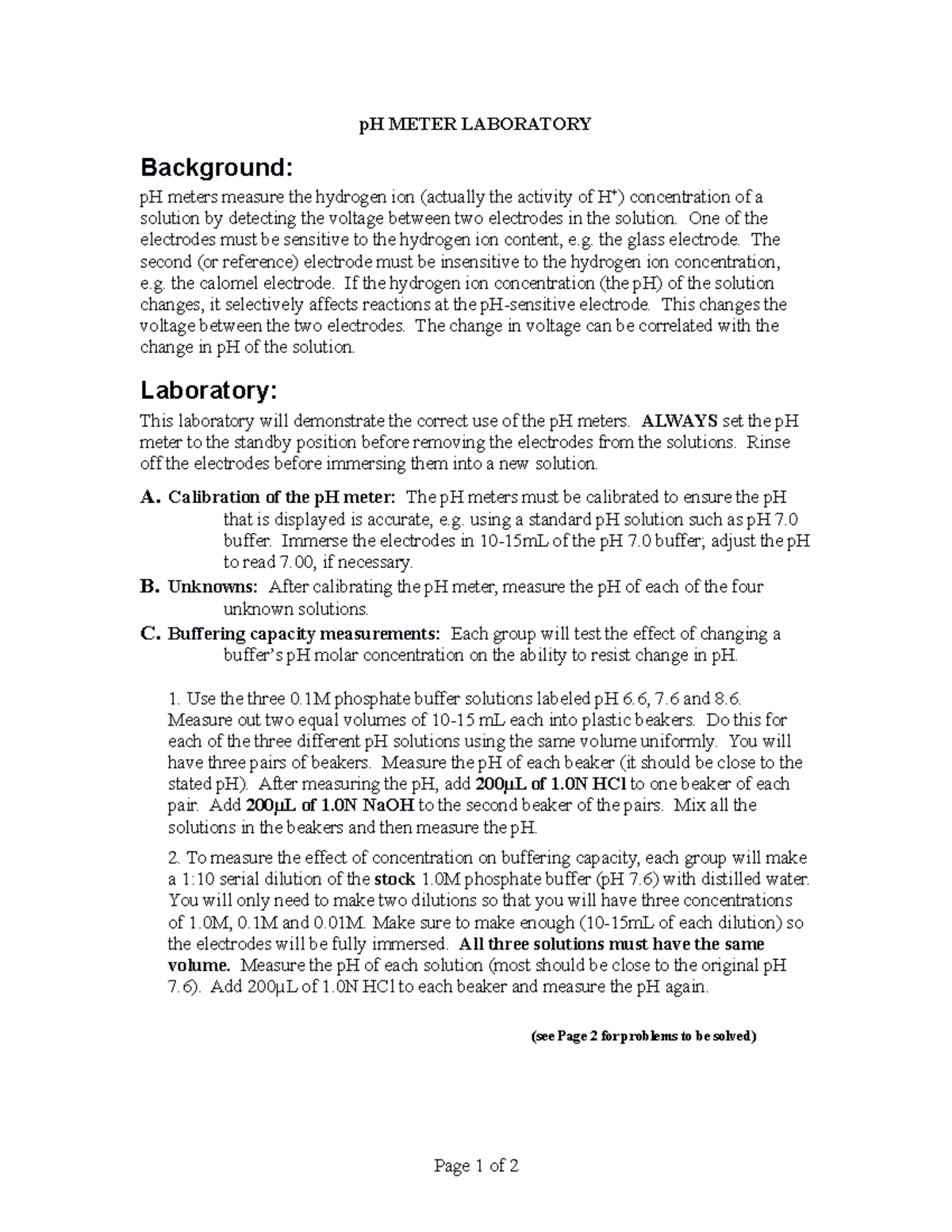 P H Meter Laboratory Practical - pH METER LABORATORY Background: pH ...