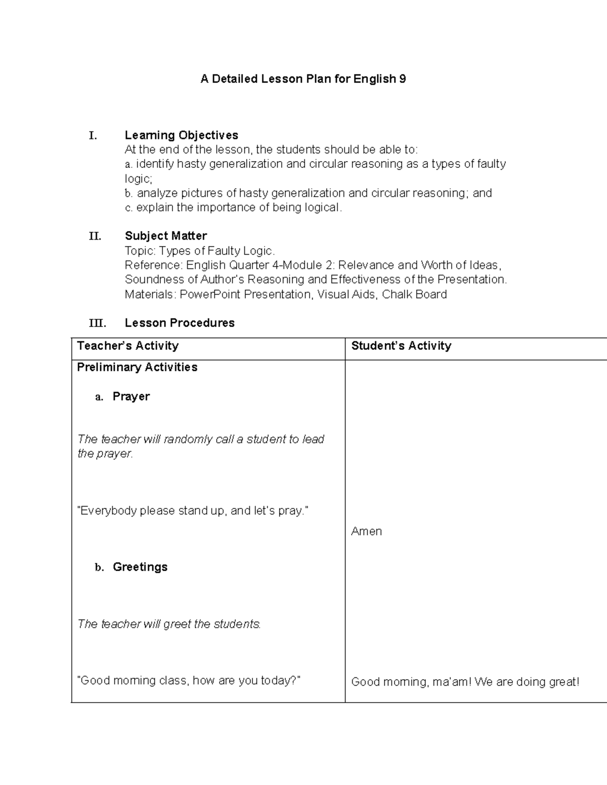DLPidentifyfaultylogic 1 - A Detailed Lesson Plan for English 9 I ...