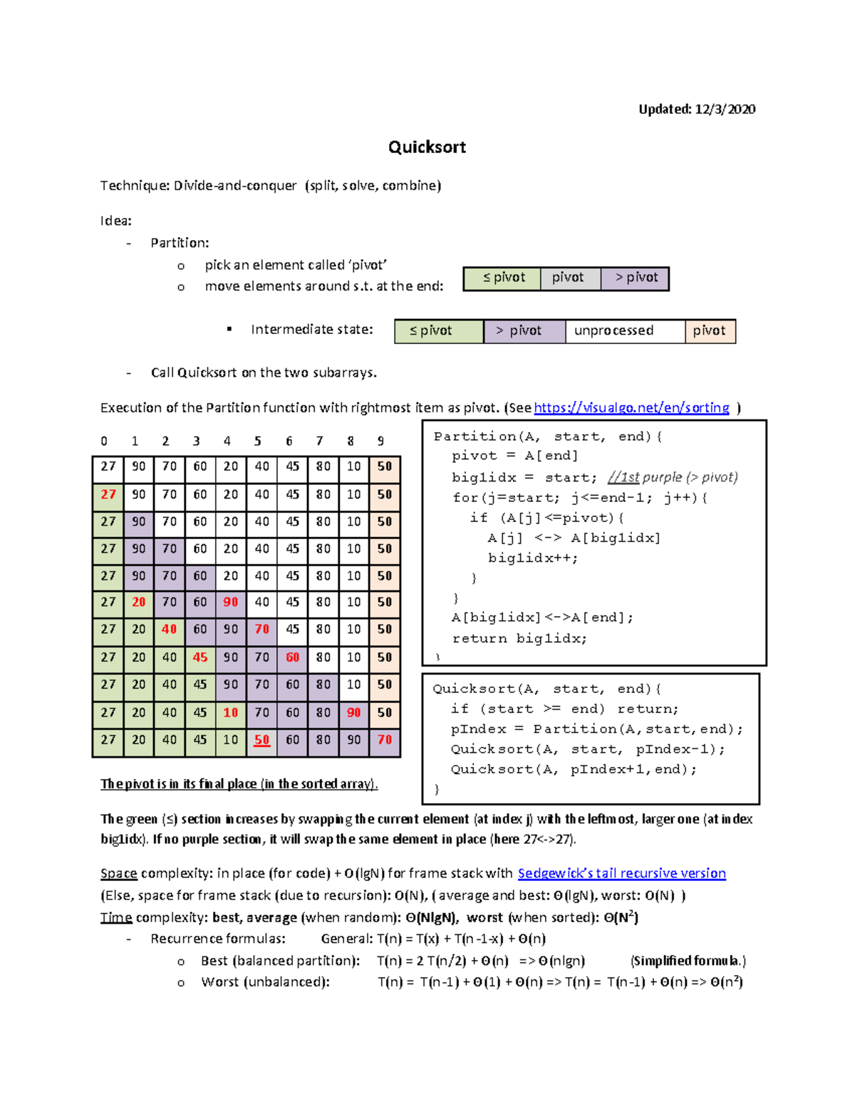 Quicksort 1 Letures Notes Updated 12 3 Quicksort Technique