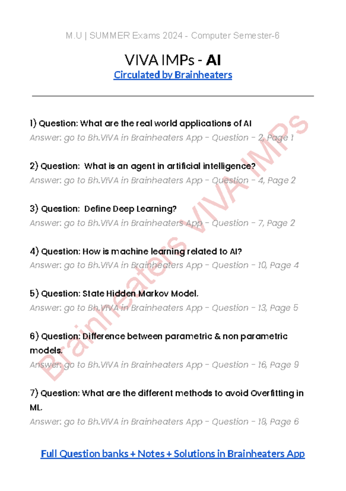 Computer Sem6 VIVA IMPs - AI - Brainheaters VIVA IMPs M | SUMMER Exams 2024 - Computer Semester ...