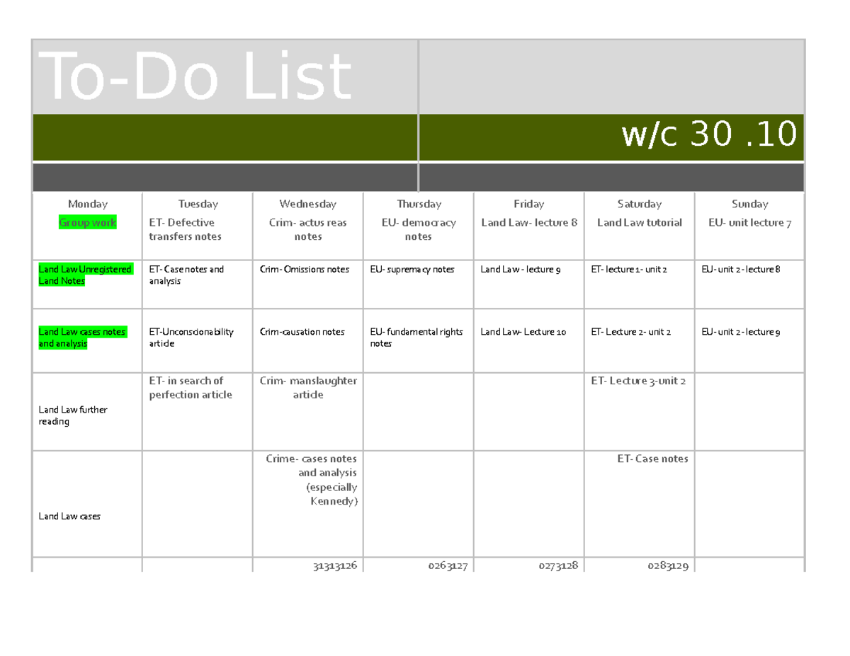 To do list 30 oct - land law - To-Do List w/c 30. Monday Tuesday ...