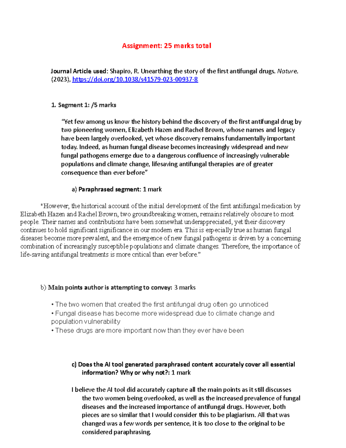 BIOL 1090 F23 Paraphrasing Assignment Instructions- (1) - Assignment: 25 marks total Journal ...