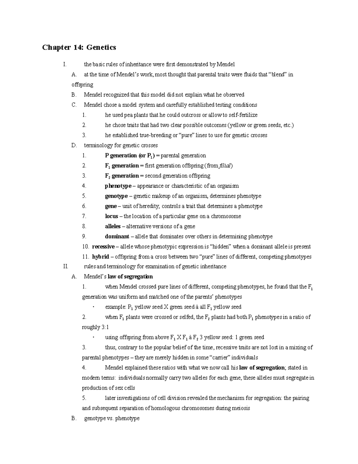 Biology Chapter 14 Genetics - Chapter 14: Genetics I. the basic rules ...
