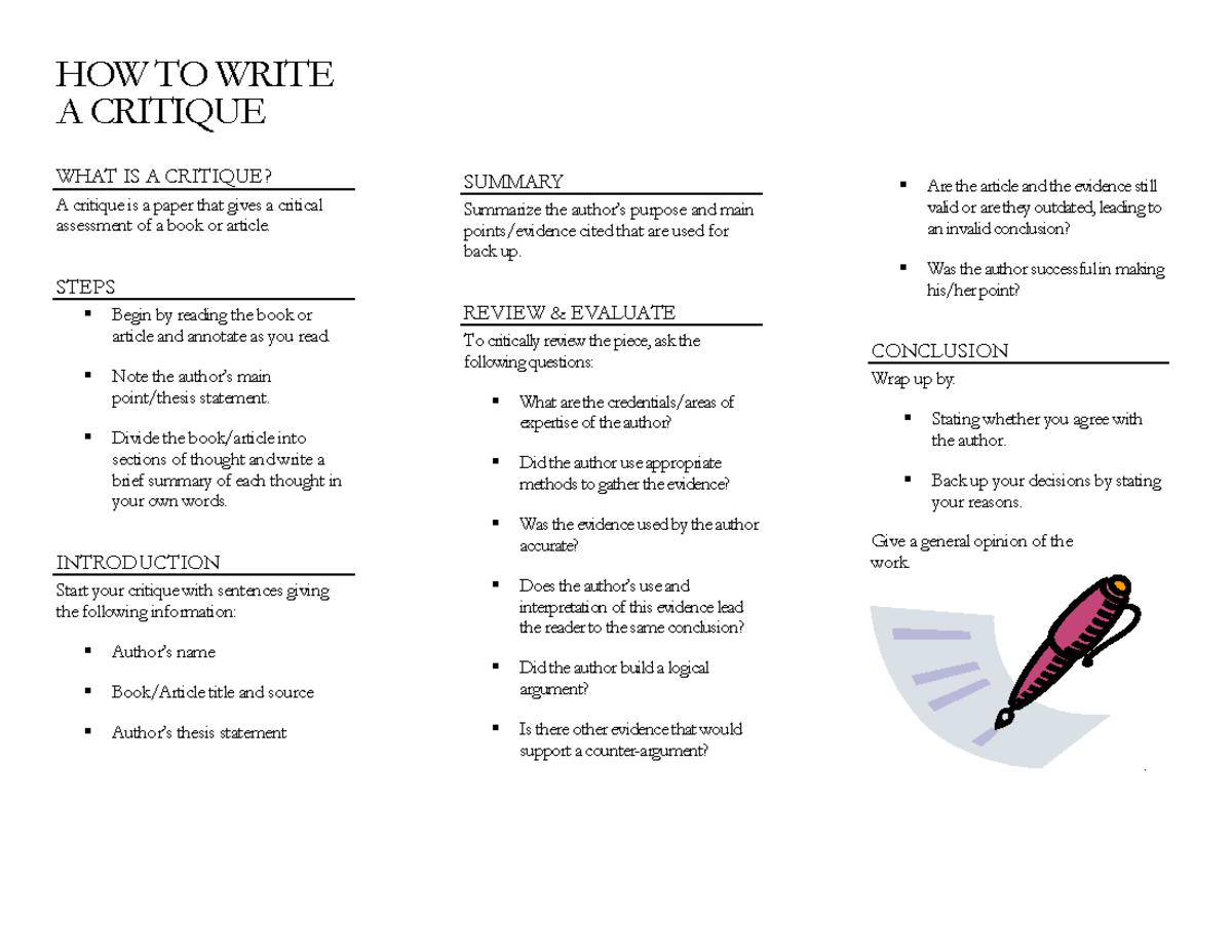 How to Write a Critique - N/A - HOW TO WRITE A CRITIQUE WHAT IS A ...