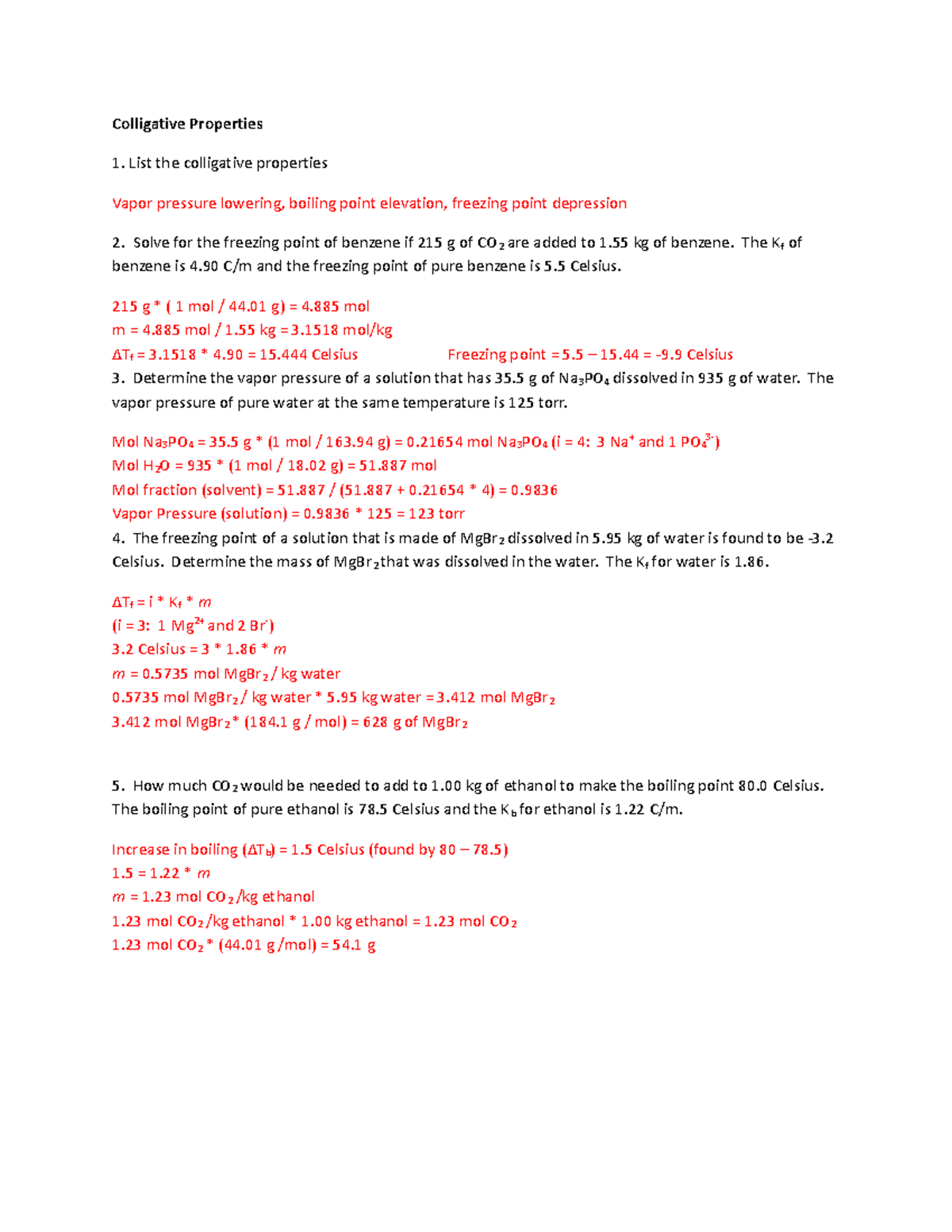 Colligative Properties Answers - Colligative Properties List the ...