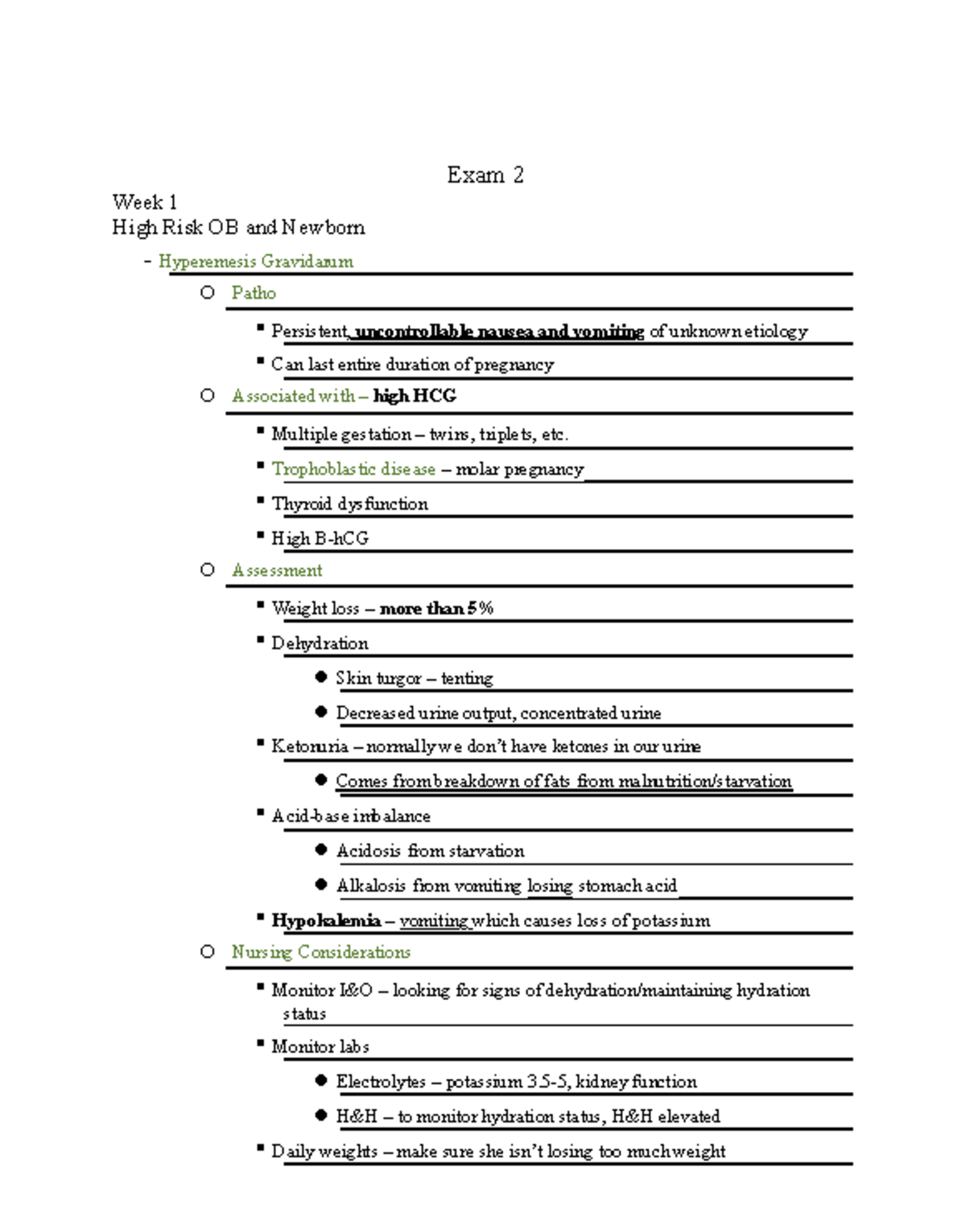 4750 Exam 2 - Exam 2 Week 1 High Risk OB and Newborn - Hyperemesis ...