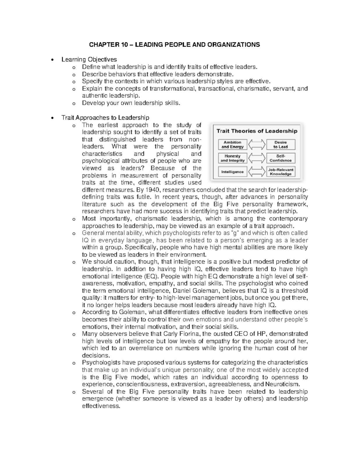 Chapter 10 - CHAPTER 10 – LEADING PEOPLE AND ORGANIZATIONS Learning ...