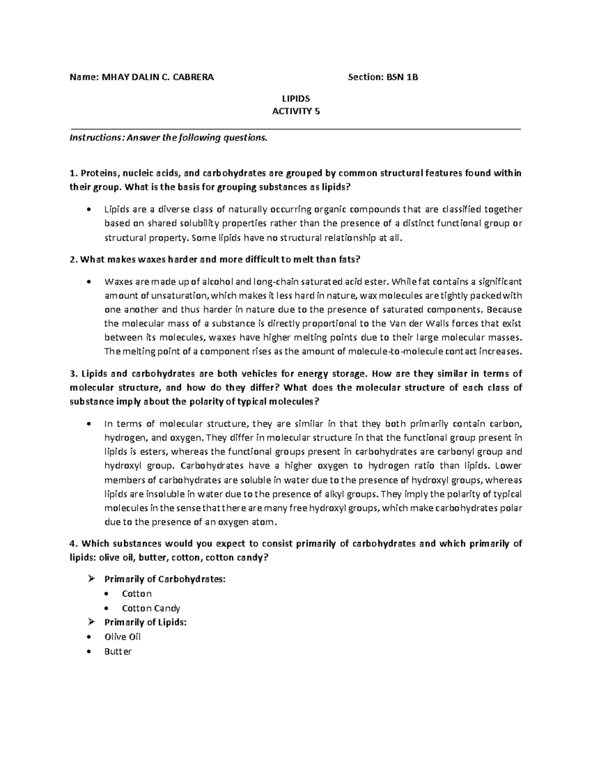 Cabrera Lipids Activity 5 - Name: MHAY DALIN C. CABRERA Section: BSN 1B ...