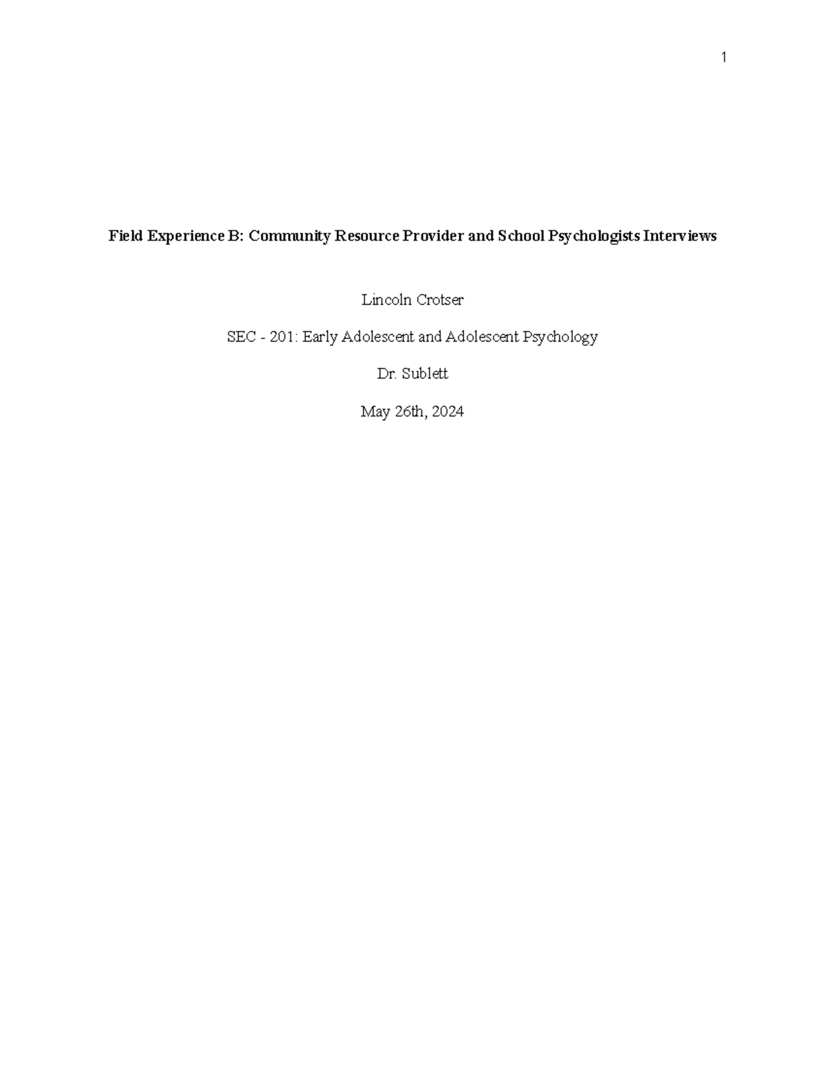 School psychologist interviews - Field Experience B: Community Resource ...