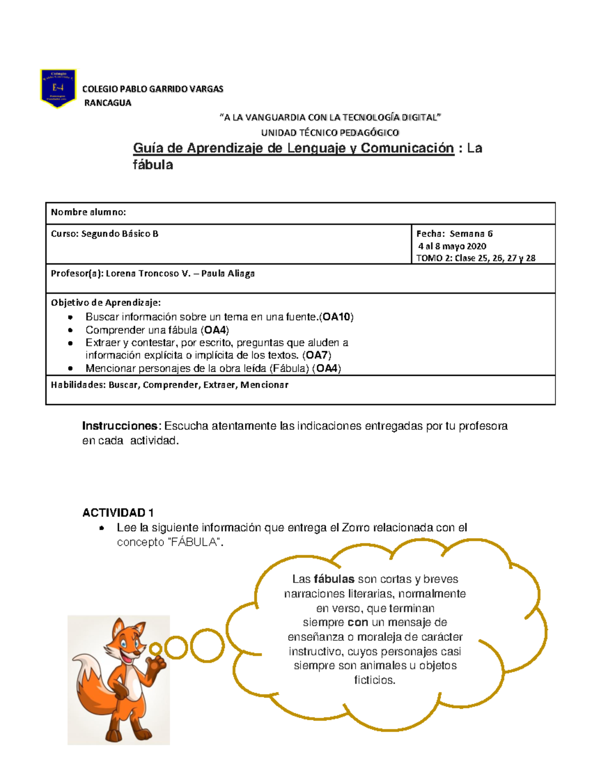 Guia Lenguaje Sem6 Fabula Lenguaje Colegio Pablo Garrido Vargas