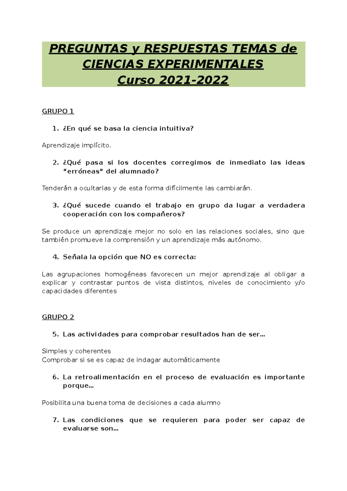 Preguntas y Respuestas Temas de Ciencias Experimentales - PREGUNTAS y ...