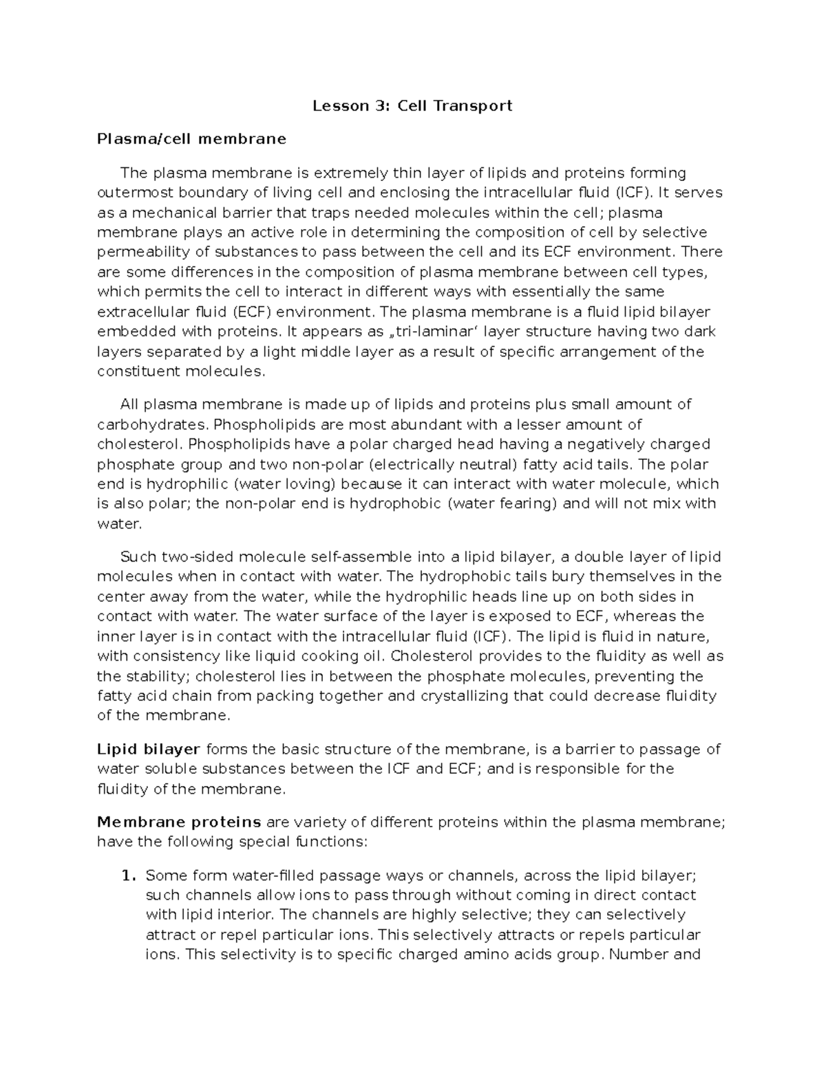 Lesson 3 Cell Transport - biology - Lesson 3: Cell Transport Plasma ...