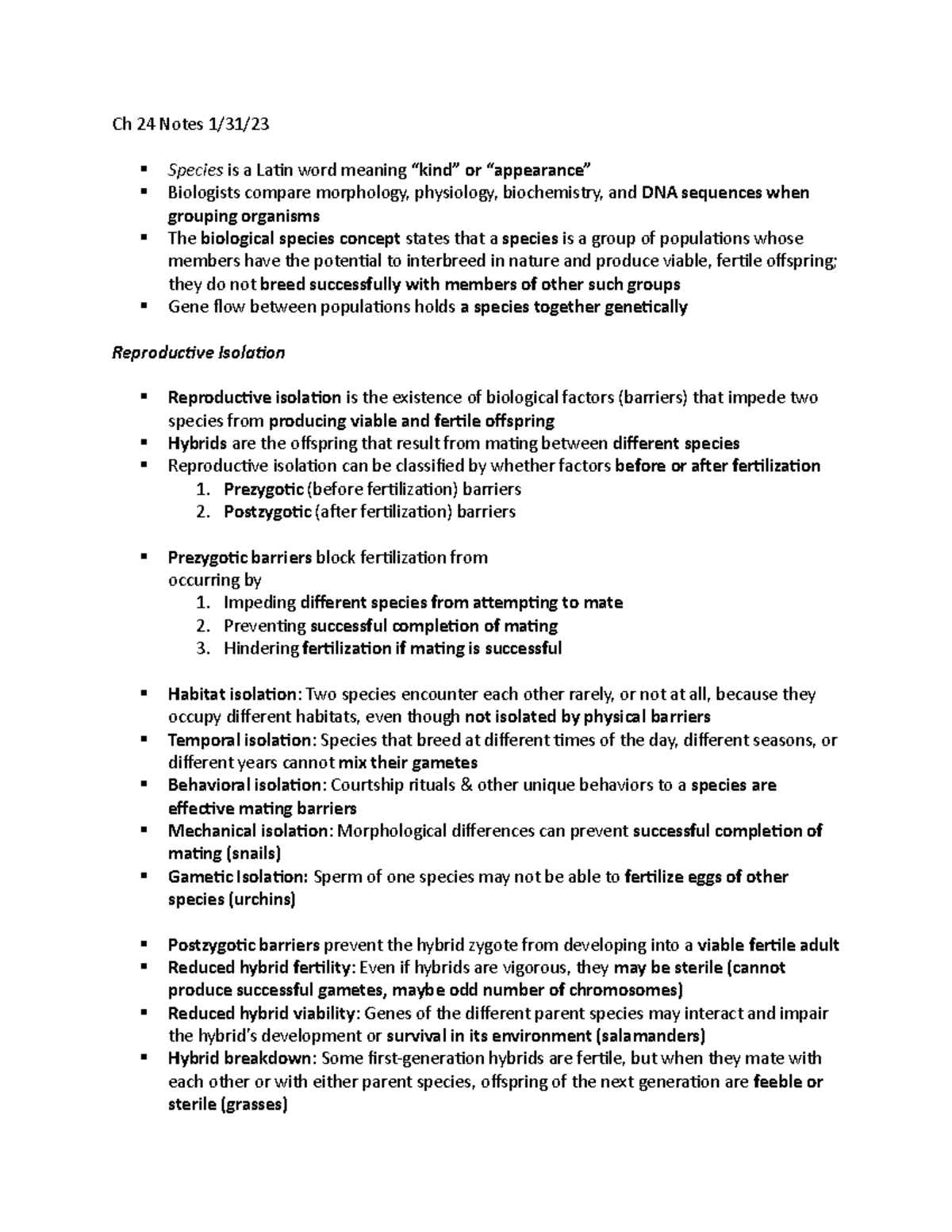 Ch 24 Notes bio - Speciation and cell differentiation course lectures ...