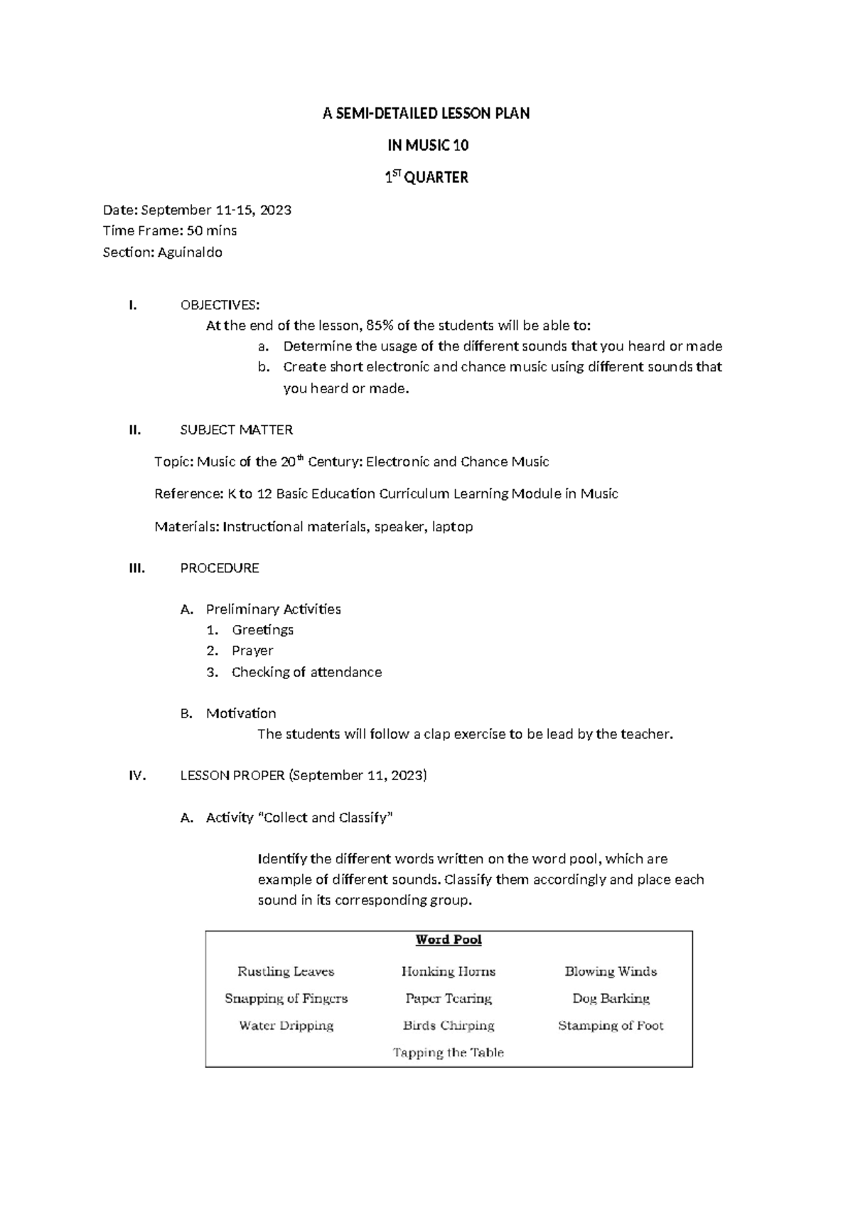 LP Music WEEK 2 - LESSON PLAN - A SEMI-DETAILED LESSON PLAN IN MUSIC 10 ...