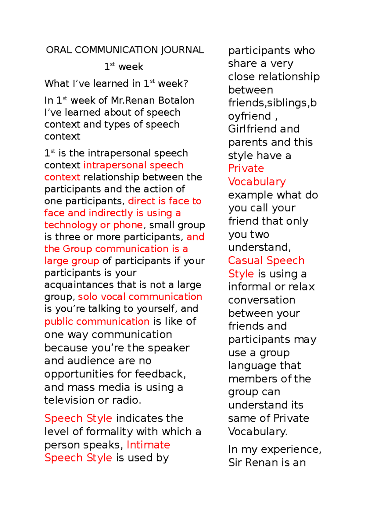 ORAL Communication Journal - ORAL COMMUNICATION JOURNAL 1 st week What ...