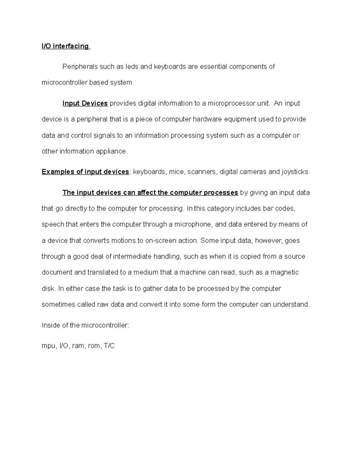 IO interfacing - Lecture notes 1 - I/O interfacing Peripherals such as ...