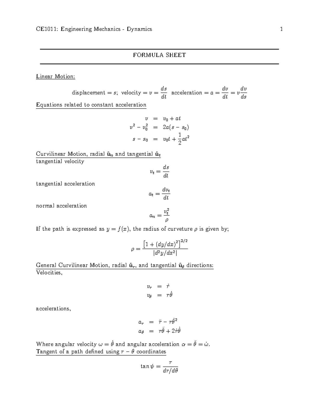 Formula Sheet - CE1011: Engineering Mechanics - Dynamics 1 FORMULA ...