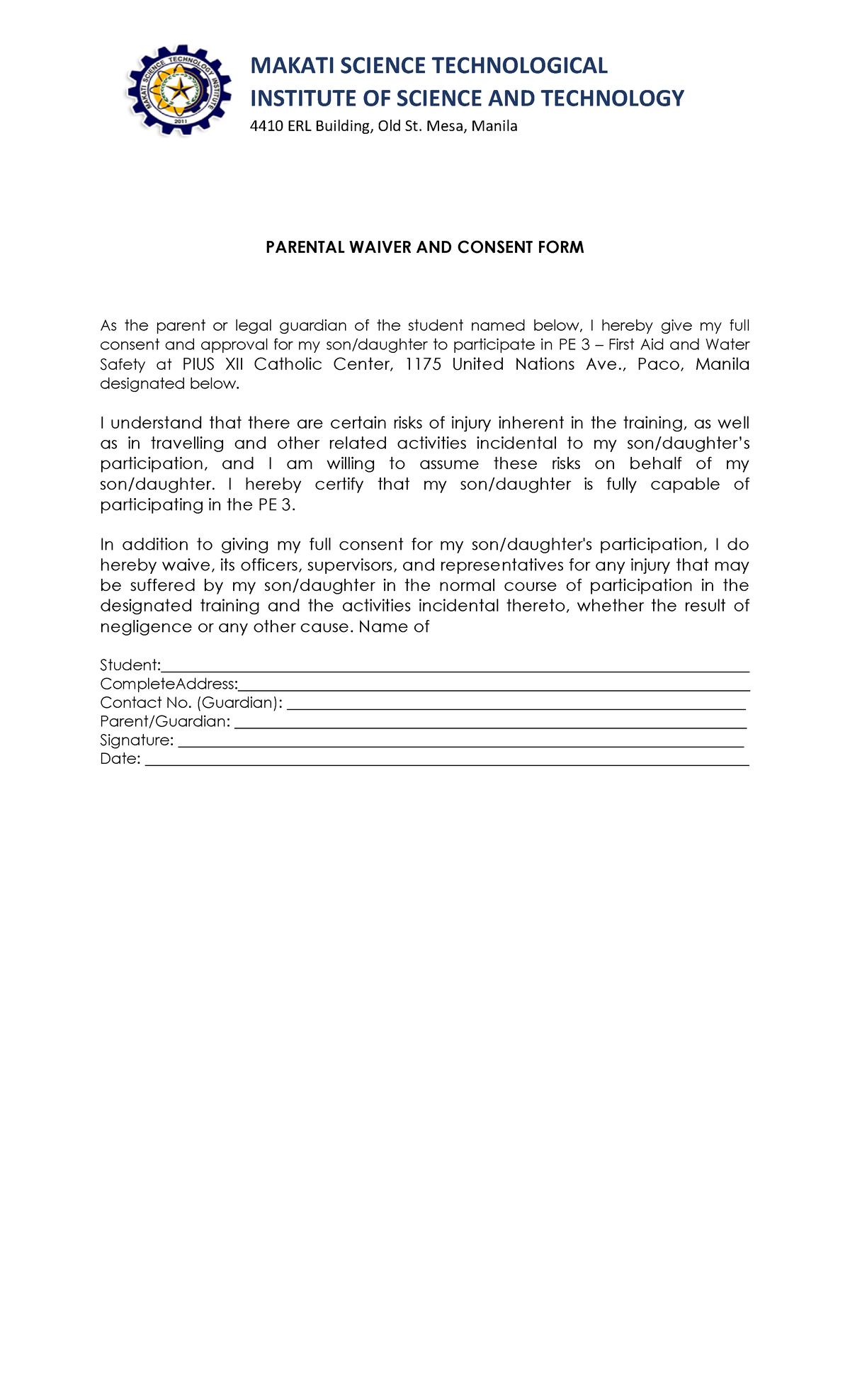 06 FNL Waiver POPE PIUS Swimming - MAKATI SCIENCE TECHNOLOGICAL ...