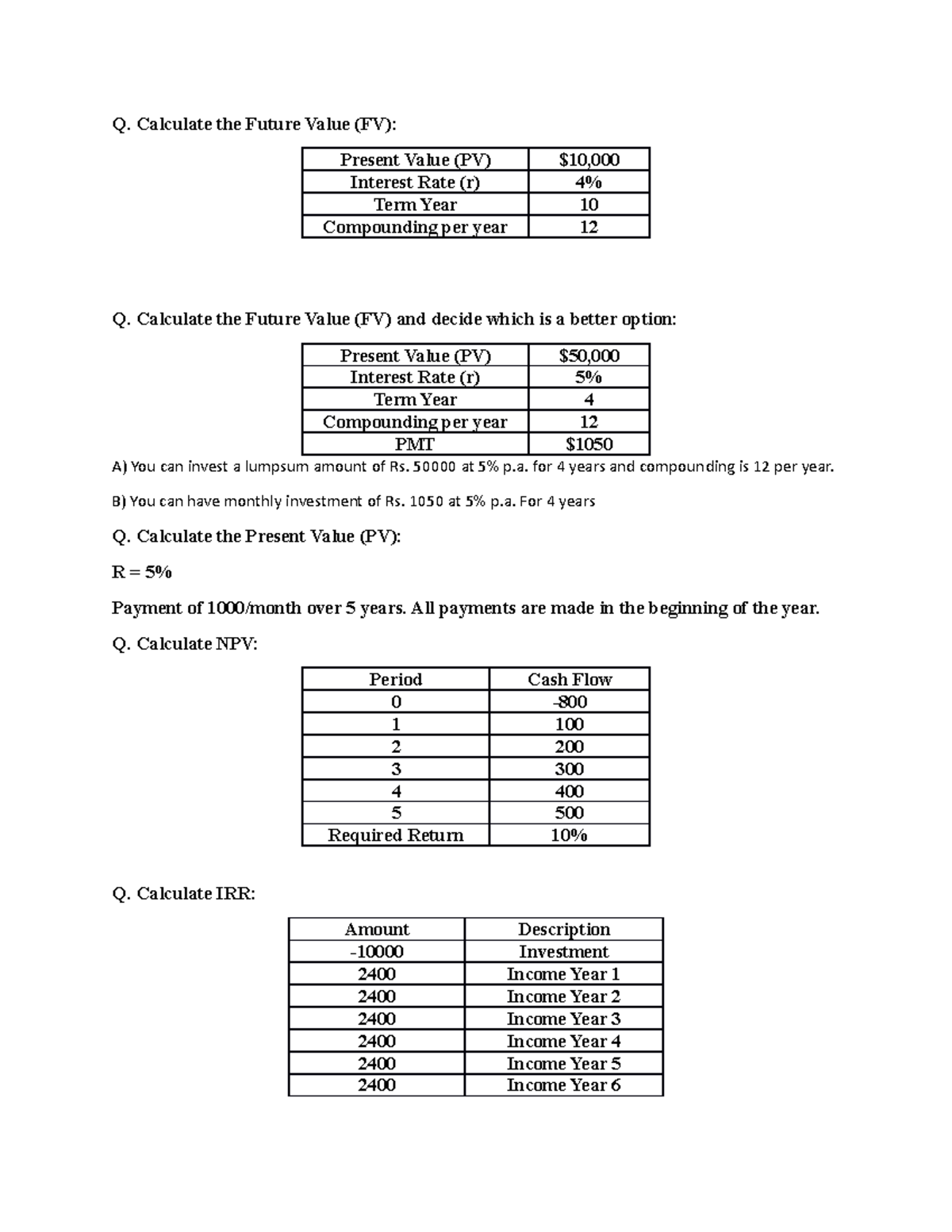 Questions FOR TIME Value OF Money B.com Honours - Q. Calculate the ...