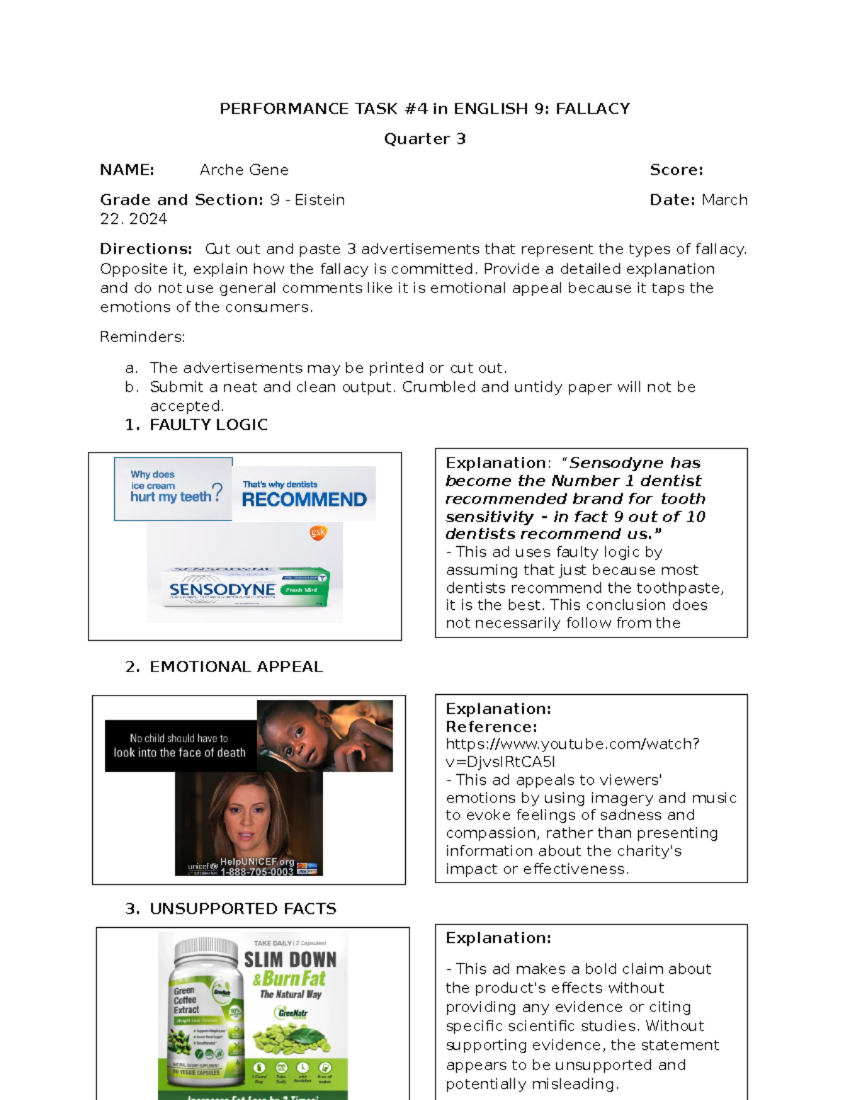 Gene Performance-Task - PERFORMANCE TASK #4 in ENGLISH 9: FALLACY Quarter 3 NAME: Arche Gene ...