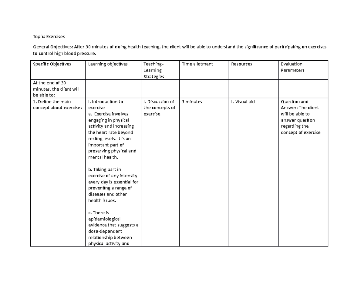 Heath teaching plan exercise - Topic: Exercises General Objectives ...