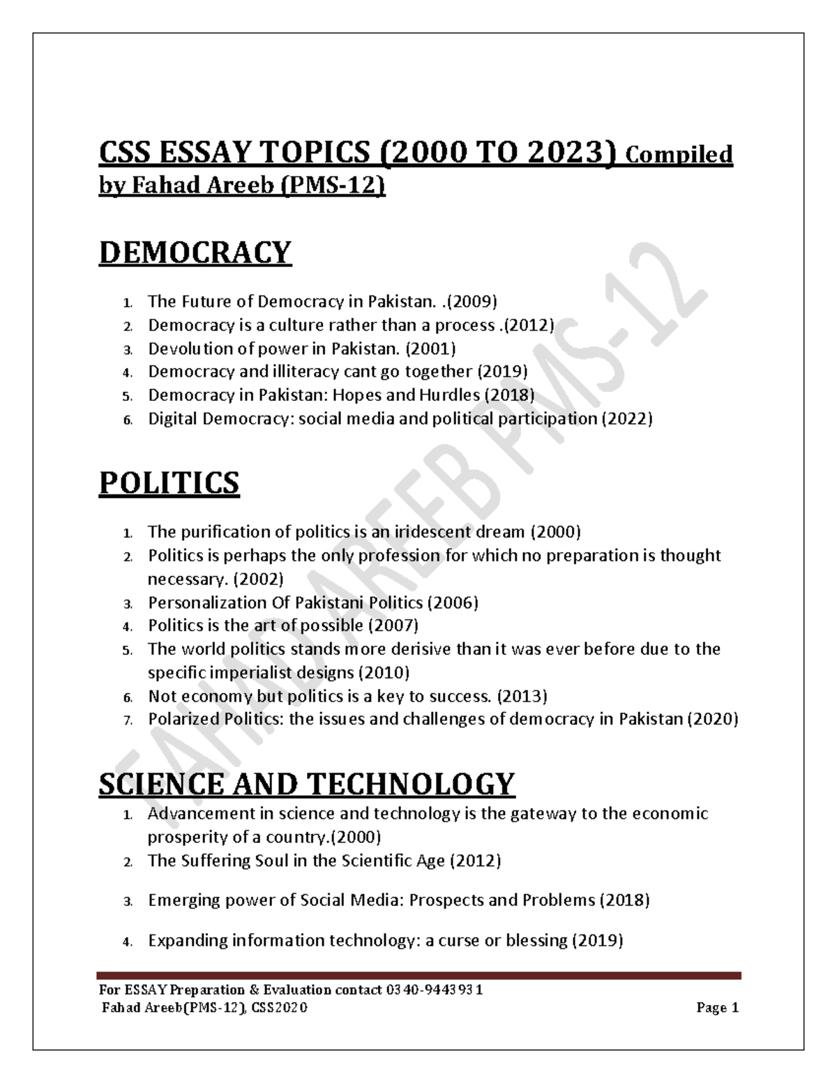 CSS Essay Topics 2000-2023 Fahad Areeb uptodate - For ESSAY Preparation ...