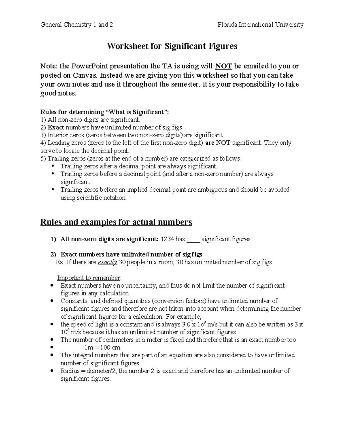Significant Figures worksheet - Worksheet for Significant Figures Note ...