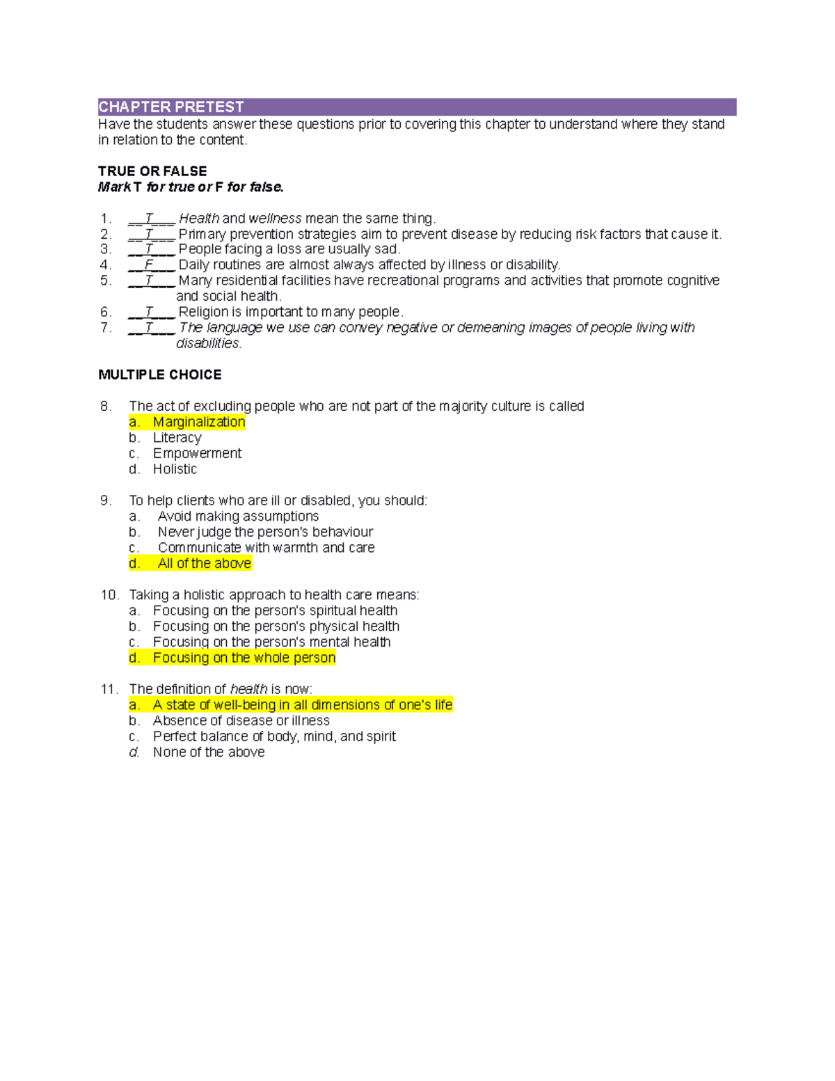 Chapter Pretest 6, 7 , 8 - Notes - CHAPTER PRETEST Have the students ...