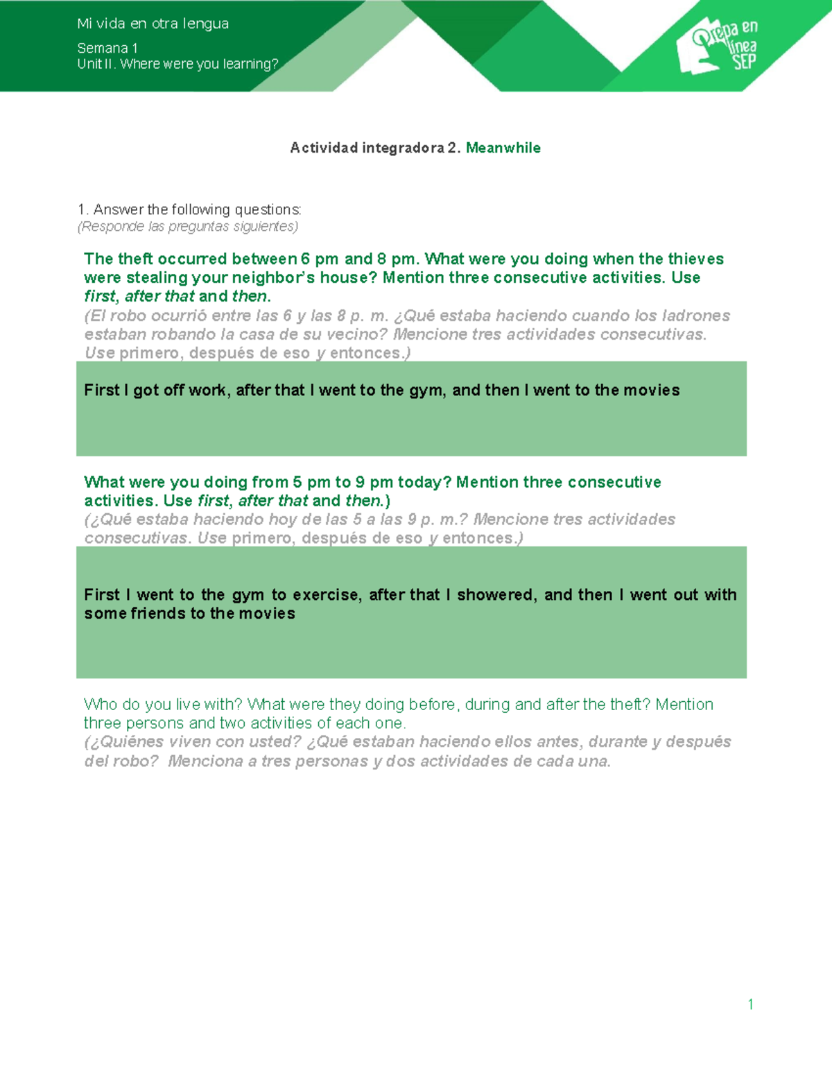 Actividad integradora 2. Meanwhile - Mi vida en otra lengua Semana 1 ...