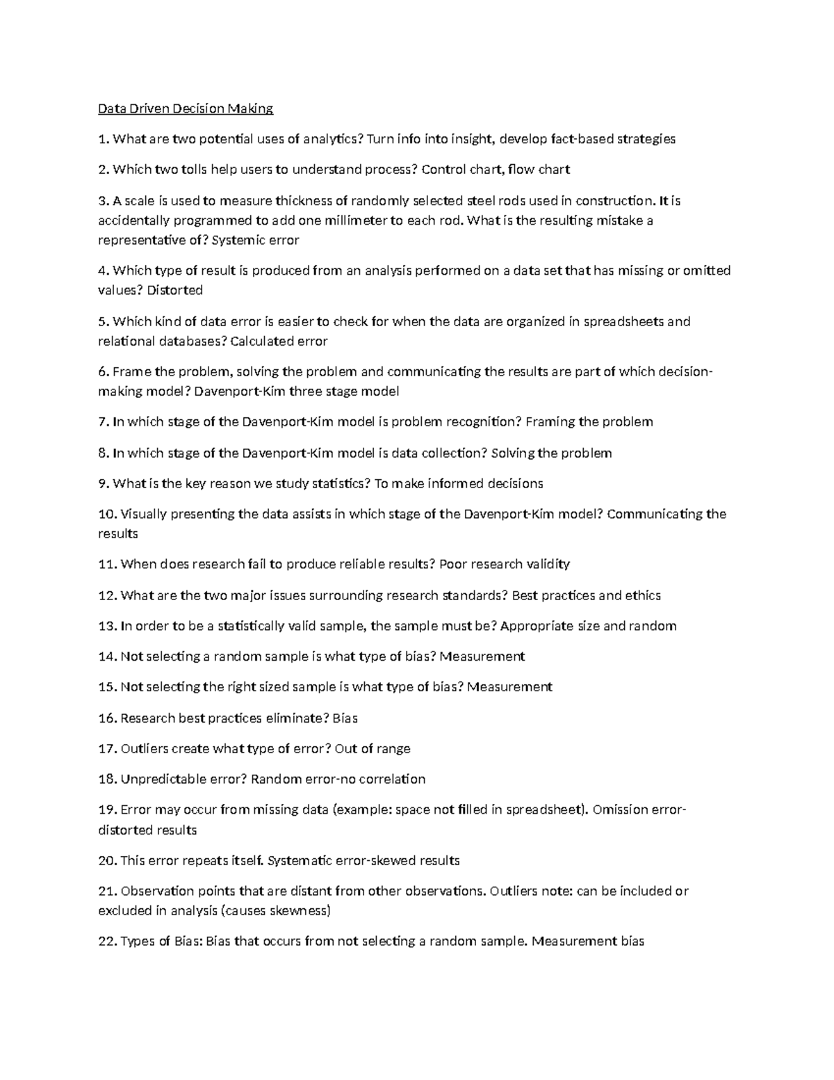 DDDM sample test questions - Data Driven Decision Making What are two ...