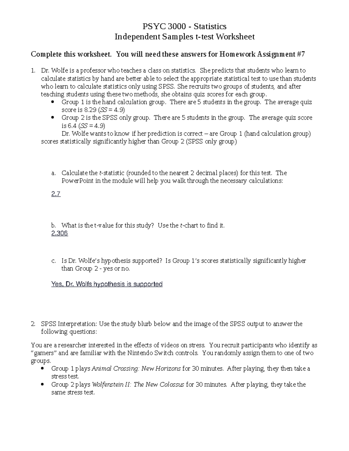 3000 Assign 7 Worksheet - Independent Samples t-test Worksheet Complete ...