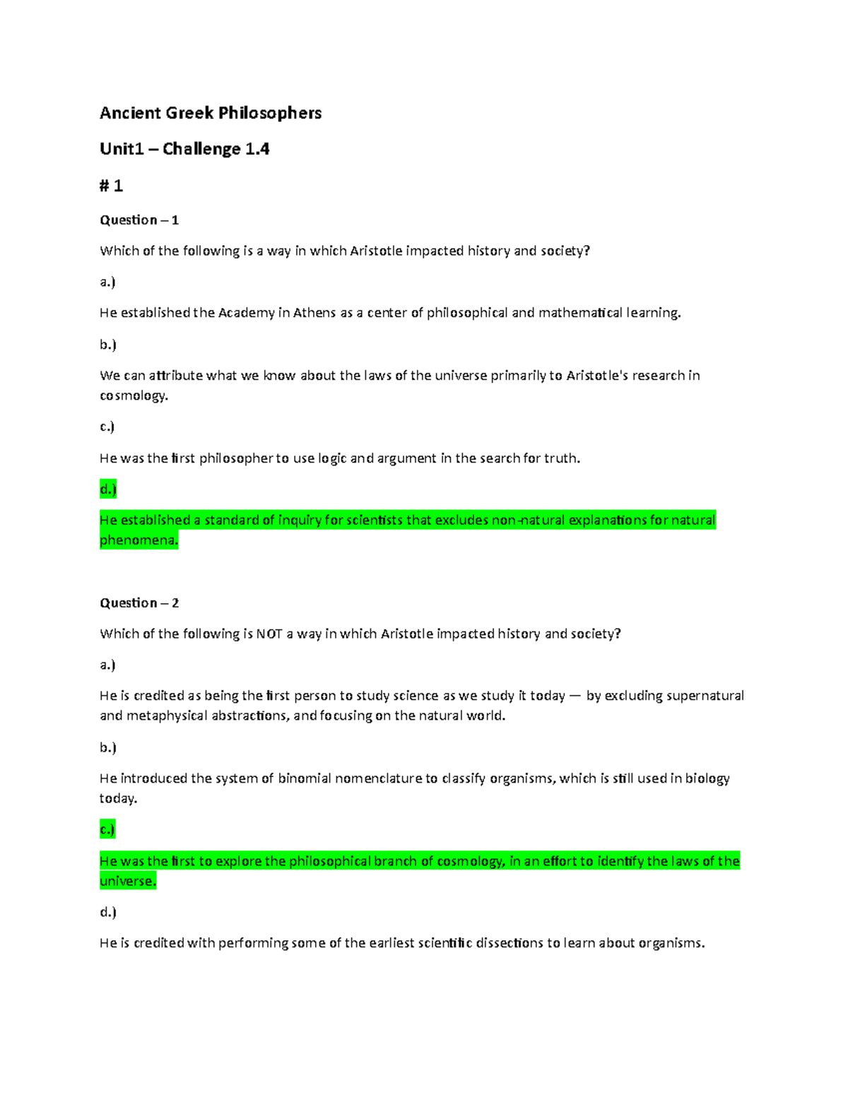 Ancient Greek Philosophers Unit1 Challenge 1 - # 1 Question – 1 Which ...