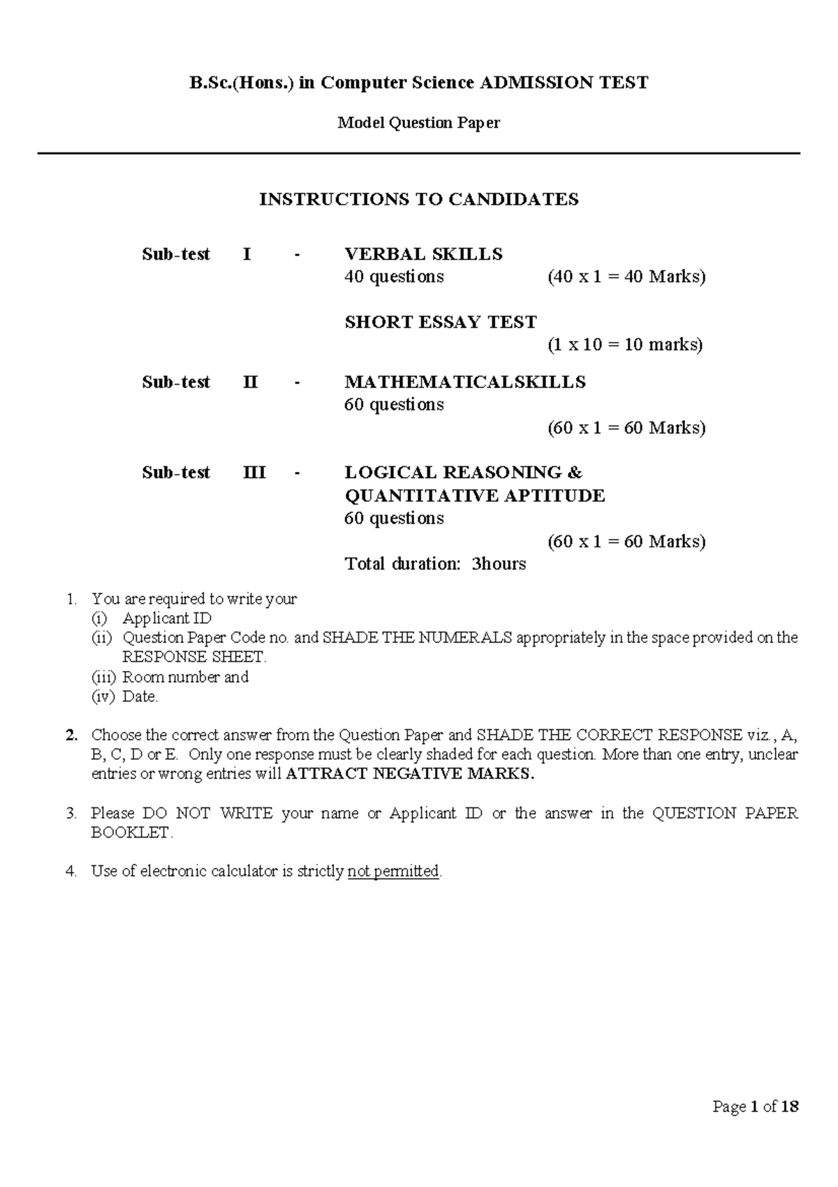Sssihl Admissions Model Test Paper Undergraduate Computer Science - B ...