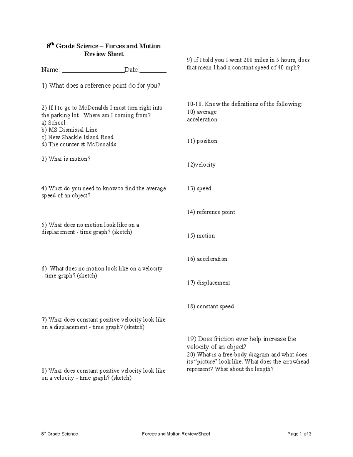 Unit 1 Test Study Guide - Forces and Motion - 8 th Grade Science ...