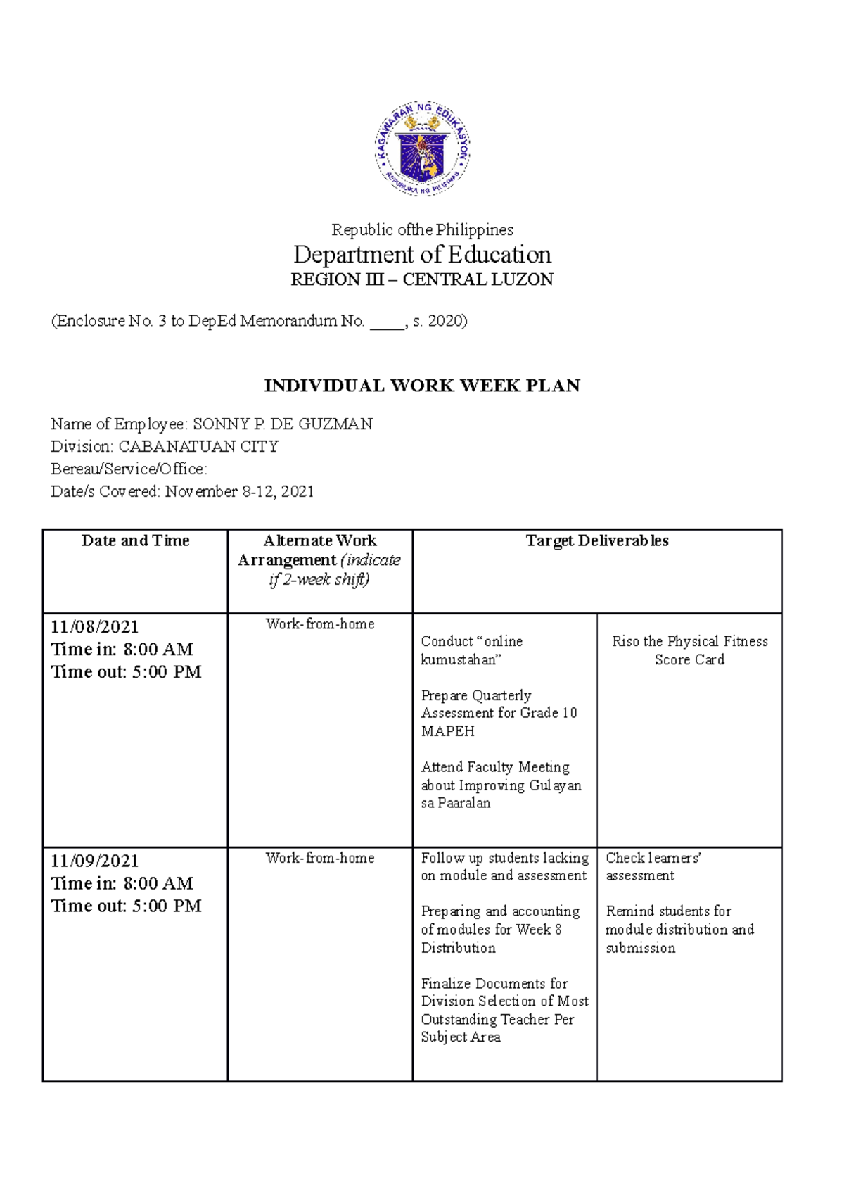 Sonny P. DE Guzman - Individual- Workweek PLAN- November 8, 2021 ...