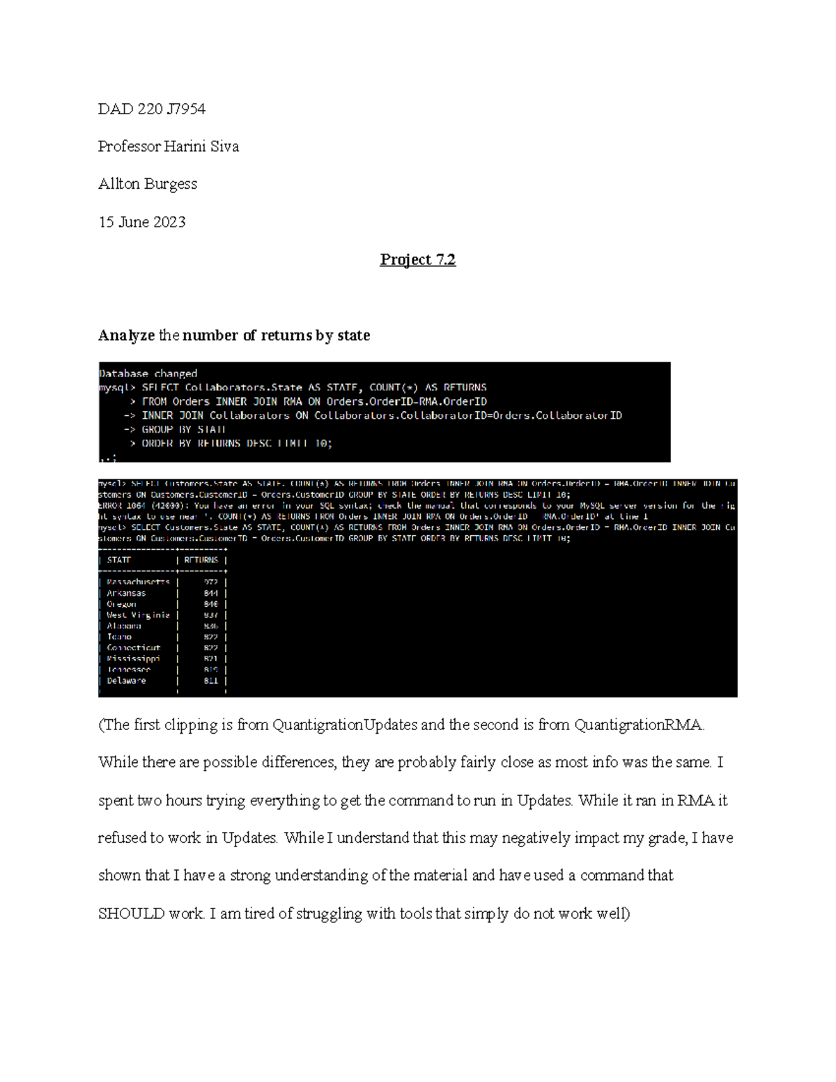 DAD 220 Project 2 - DAD 220 J Professor Harini Siva Allton Burgess 15 ...