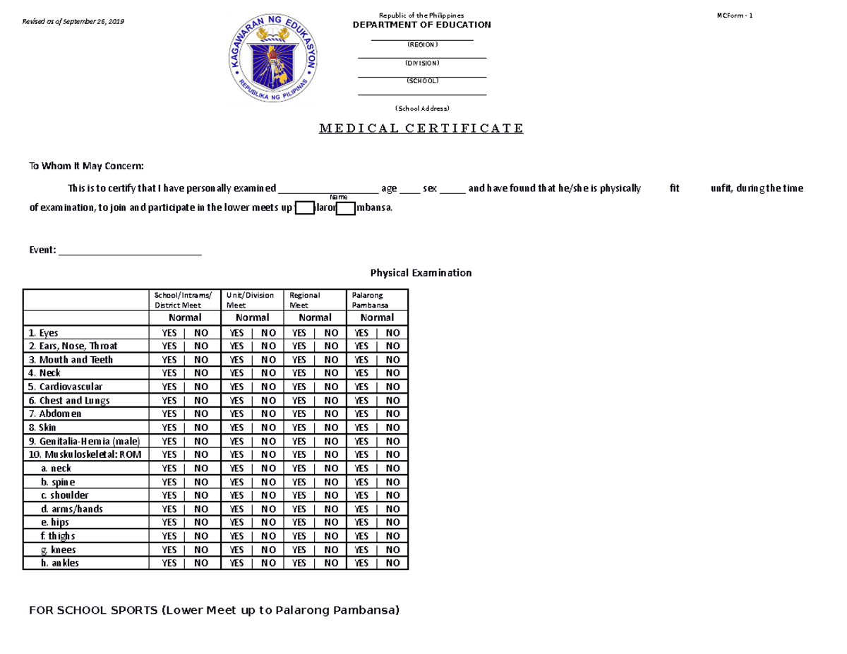 Medical certificate for athletes - M E D I C A L C E R T I F I C A T E ...