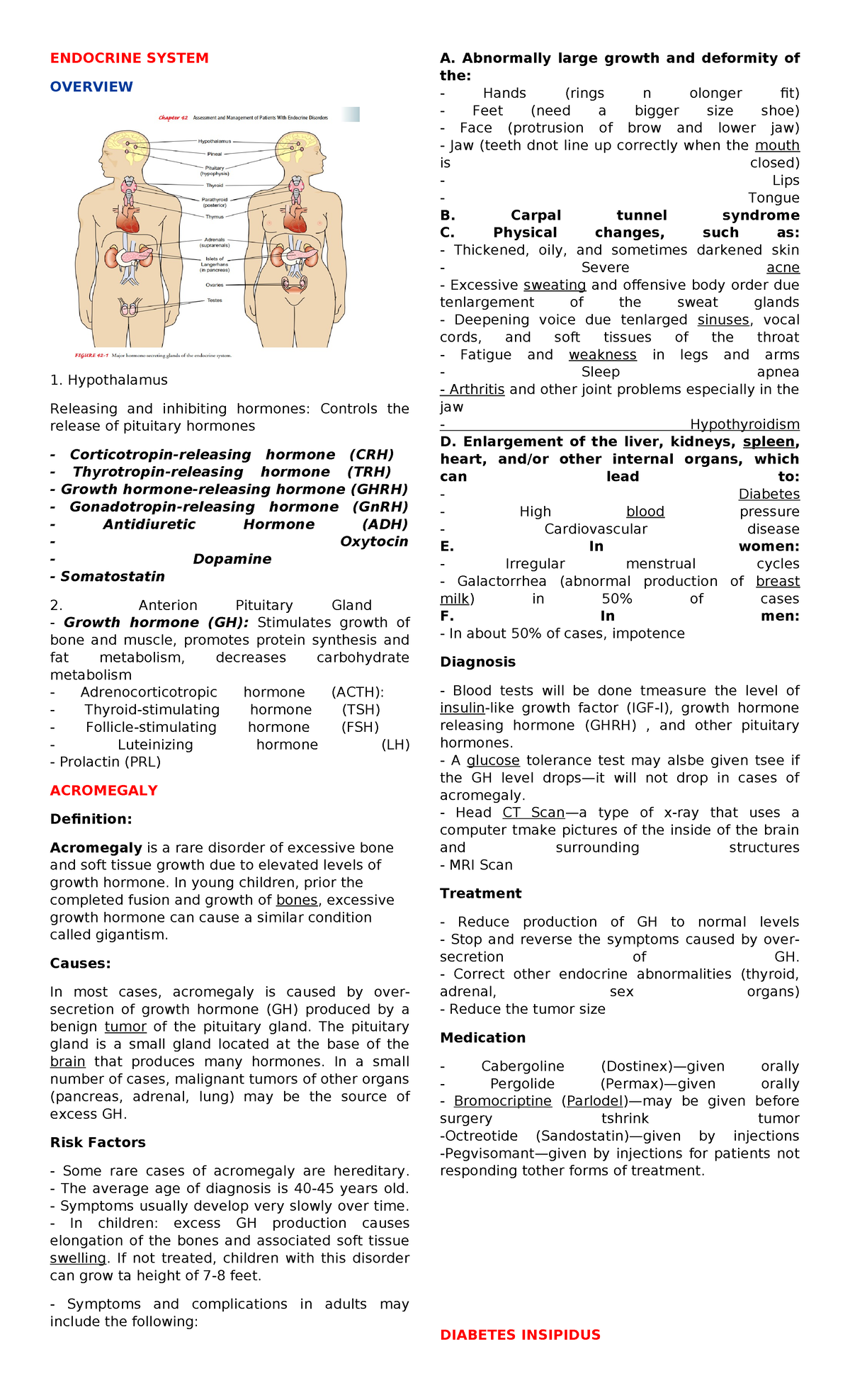 Endo - ENDOCRINE NOTES - ENDOCRINE SYSTEM OVERVIEW Hypothalamus ...