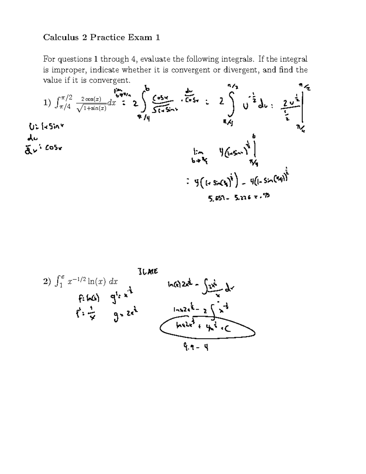 Calc-2-Practice-Exam-1 - Calculus 2 Practice Exam 1 For questions 1 ...