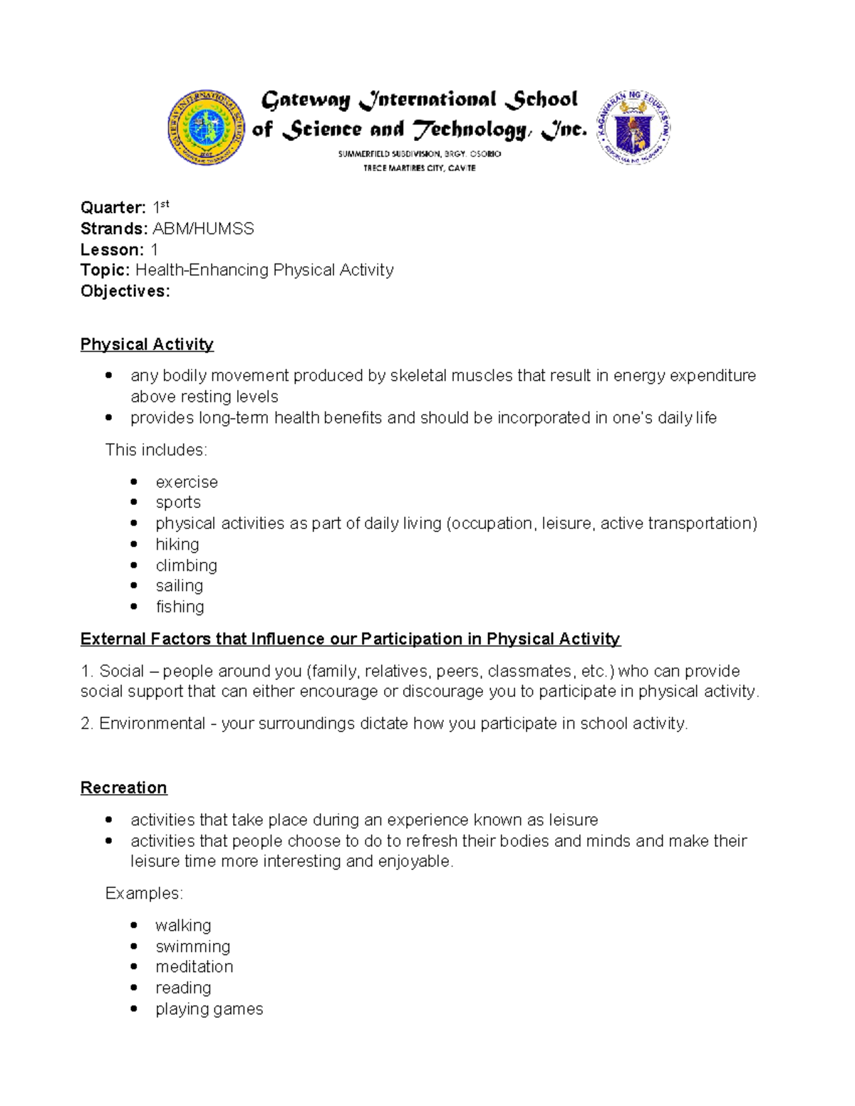 Lecture-Activity - Lecture pe - Quarter: 1 st Strands: ABM/HUMSS Lesson ...