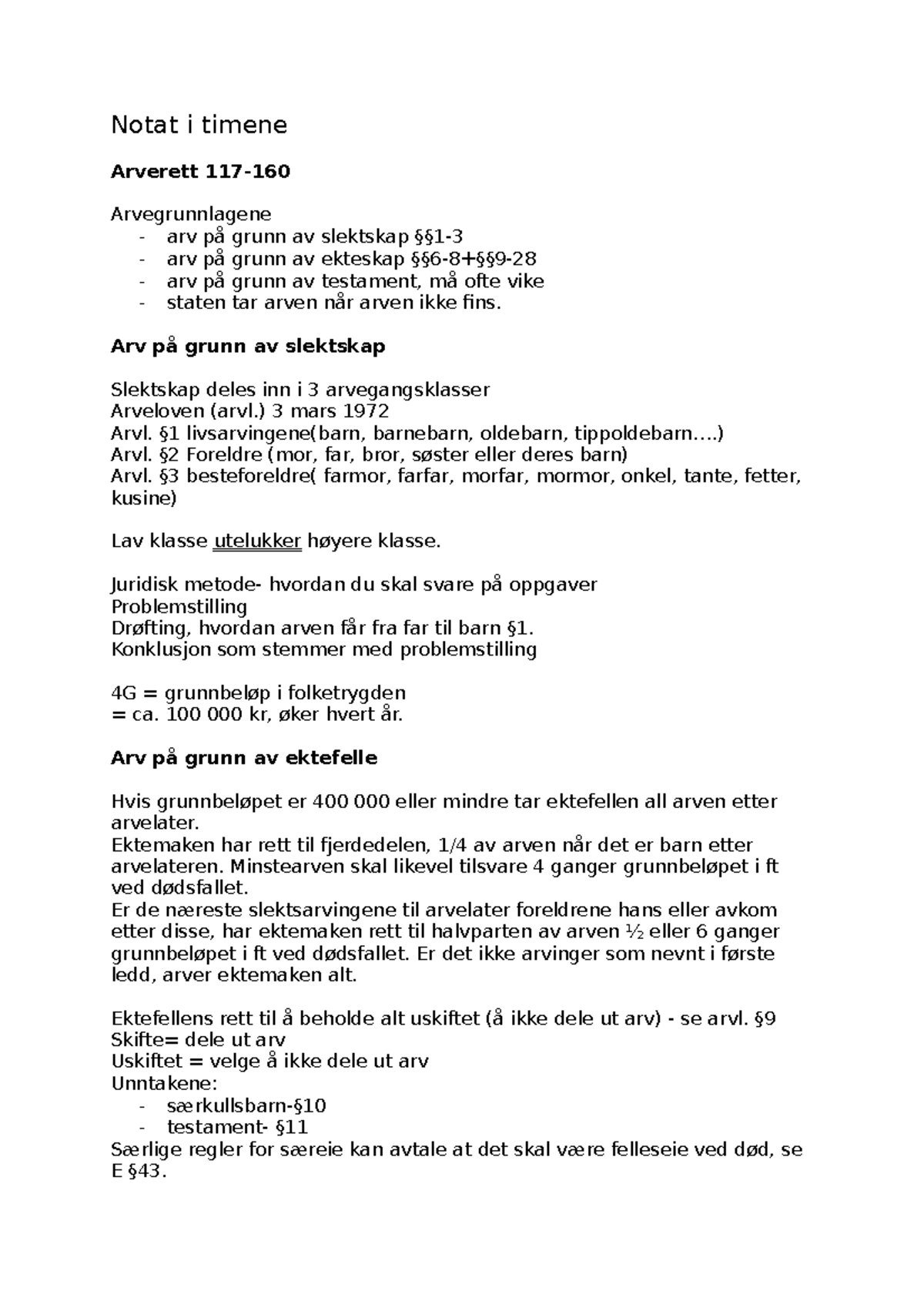 Familierett - info om tema - Notat i timene Arverett 117- Arvegrunnlagene - arv på grunn av ...