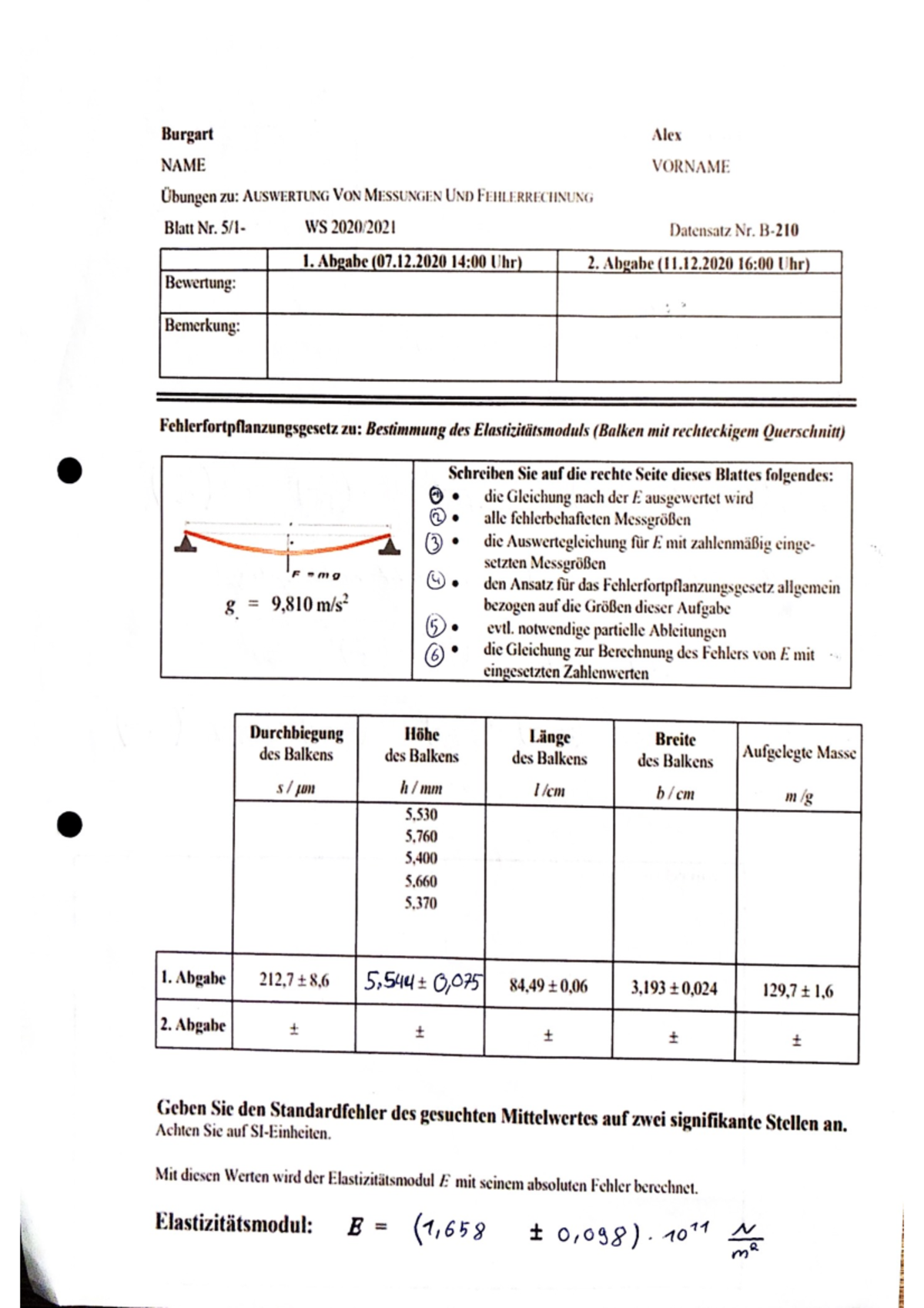 Blatt 5 - Übung + Lösungen - Auswertung von Messungen: Fehlerrechnung ...