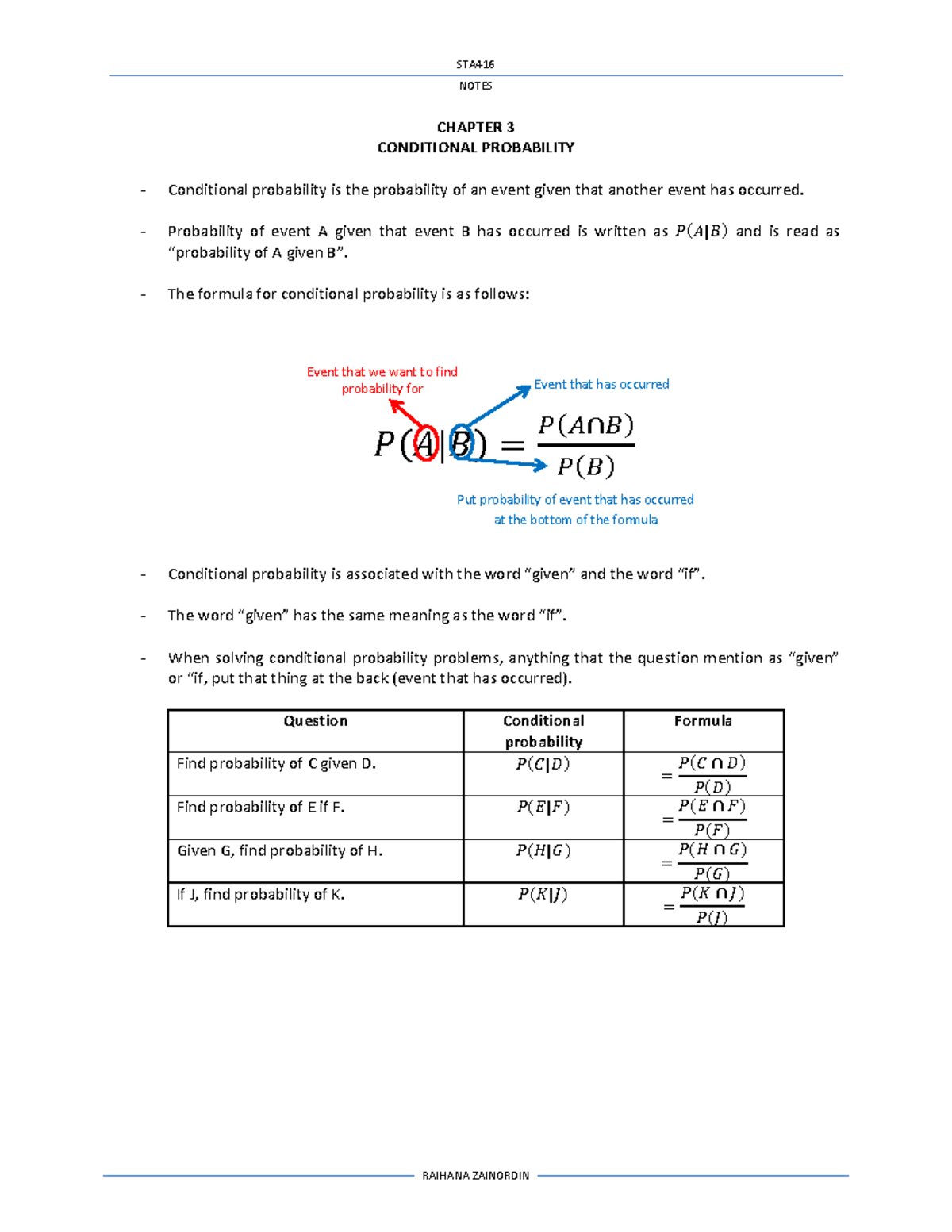 Notes ON Conditional Probability - STA4 16 NOTES RAIHANA ZAINORDIN ...