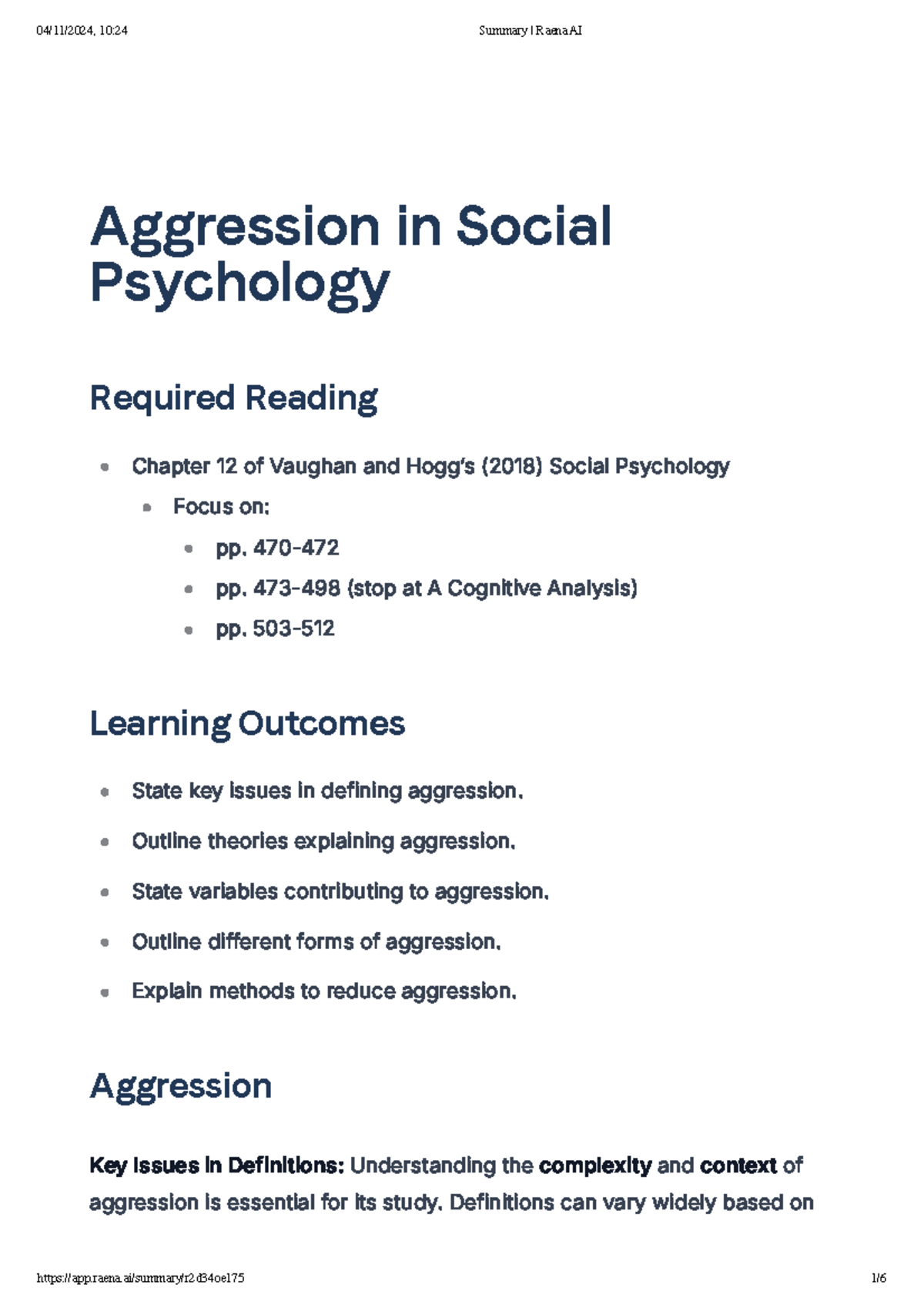 Summary Agression PSY204 - Aggression in Social Psychology Required ...