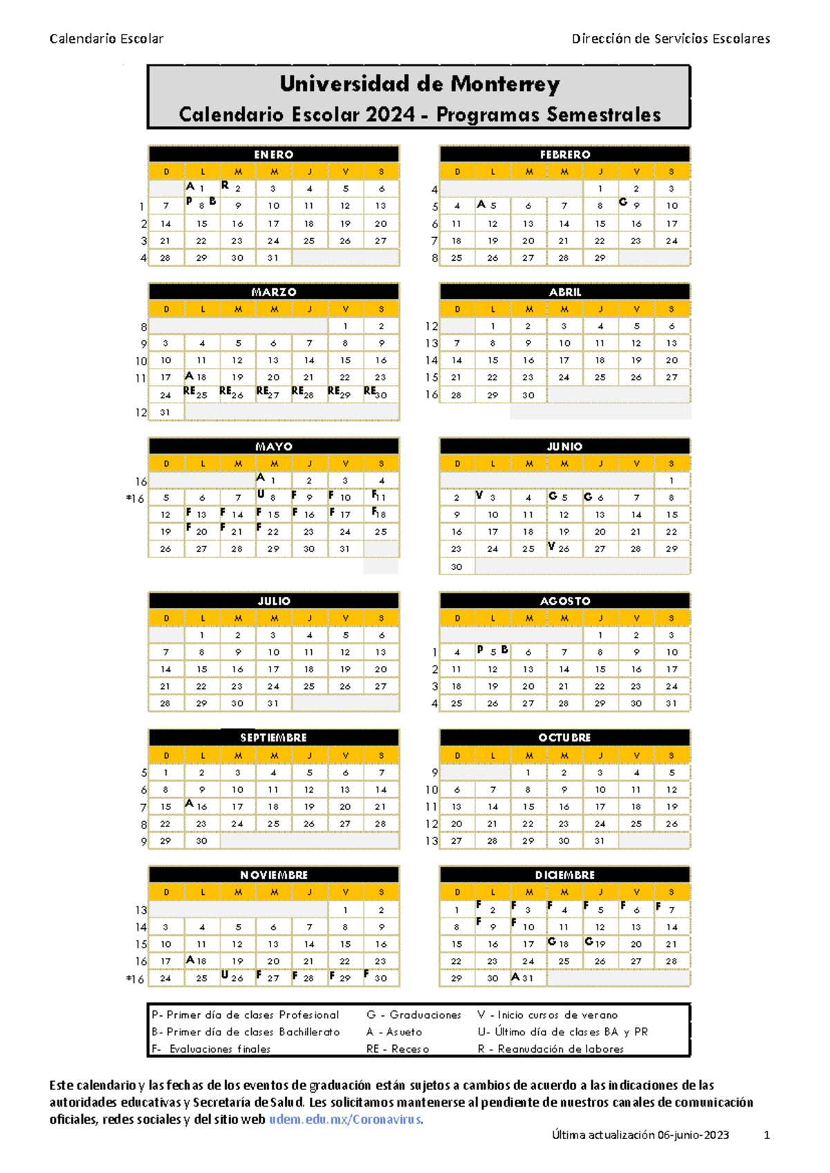 Calendario Escolar 2024 Programa Semestral junio 23 - Calendario ...