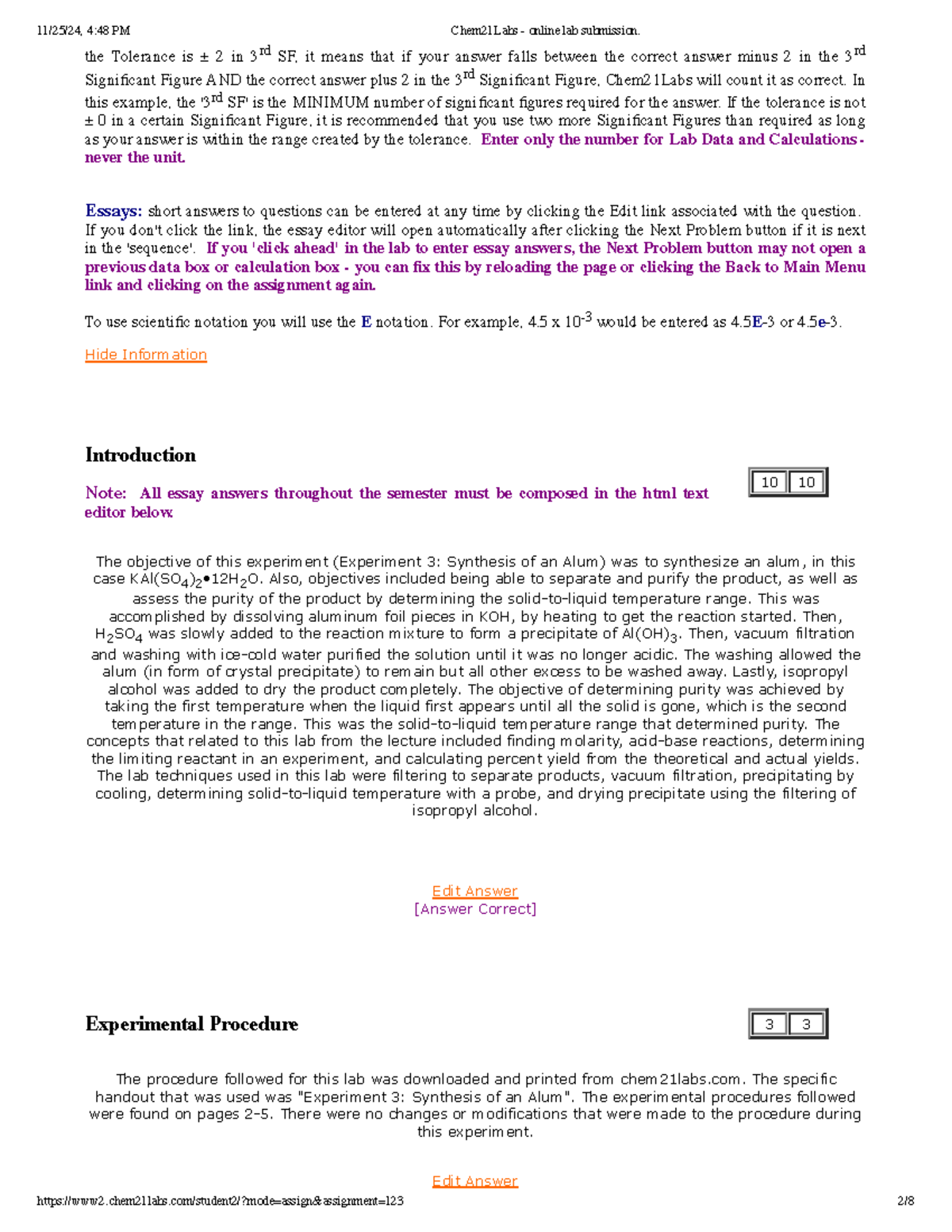 Lab 3: Synthesis of an Alum - Chem 21 - the Tolerance is ± 2 in 3rd SF ...