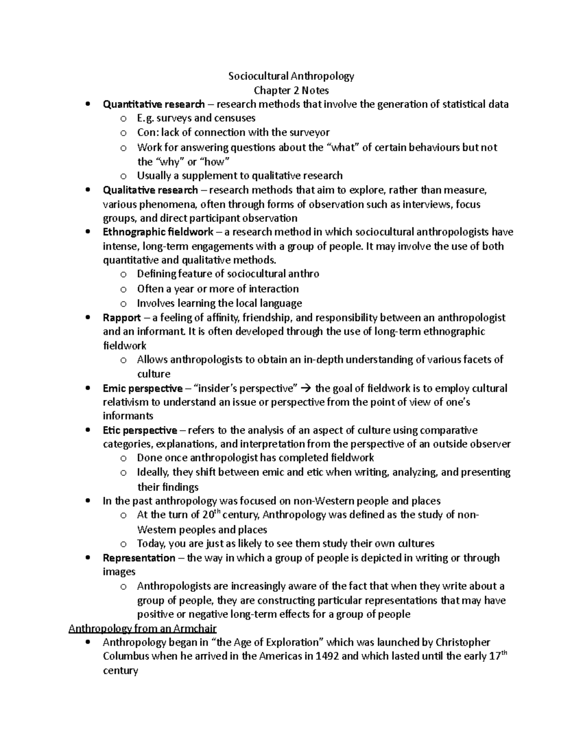 Chapter 2 - Sociocultural Anthropology Chapter 2 Notes Quantitative ...