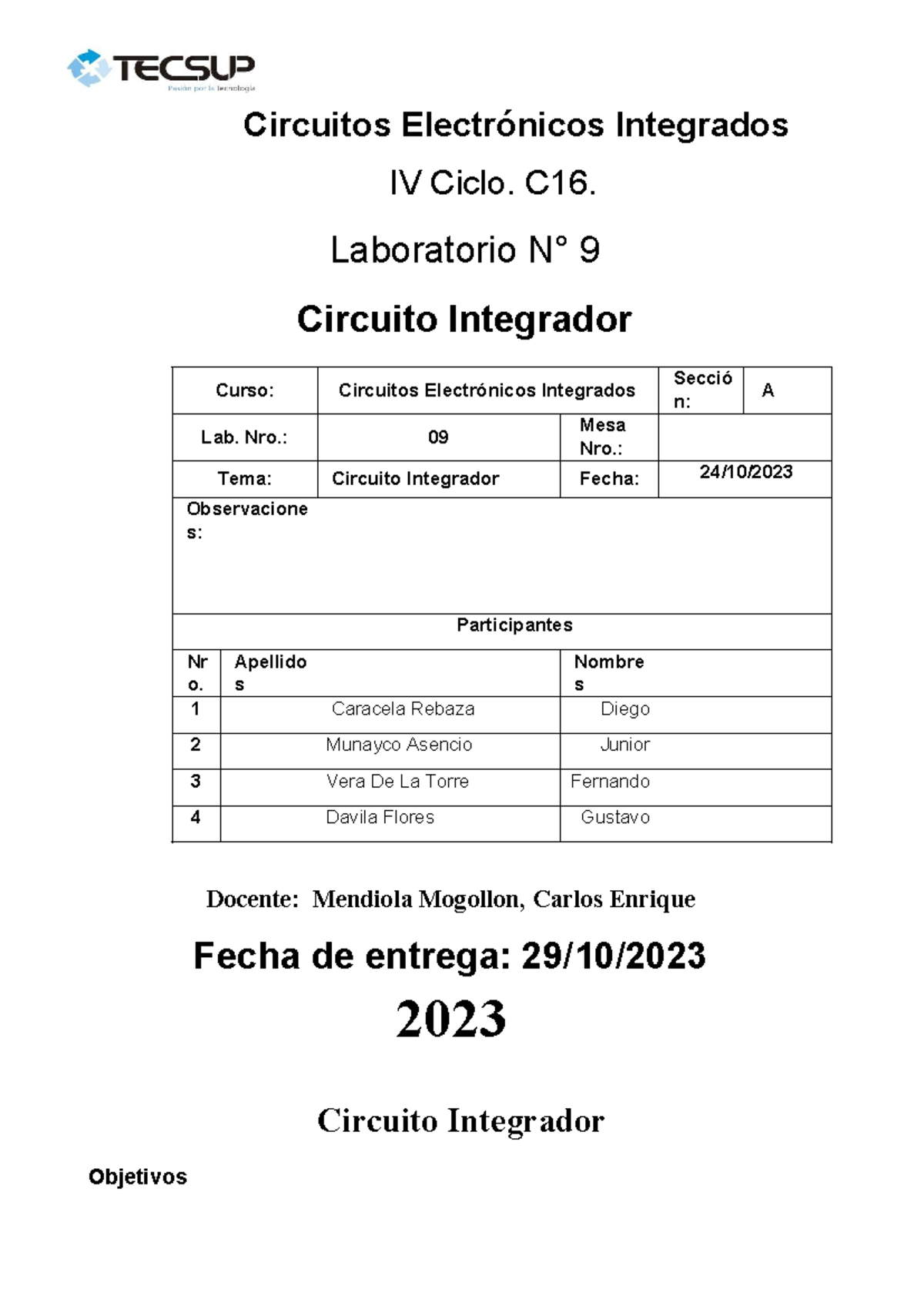 L9 Circuito Integrador - Circuitos Electrónicos Integrados IV Ciclo. C16. Laboratorio N° 9 ...